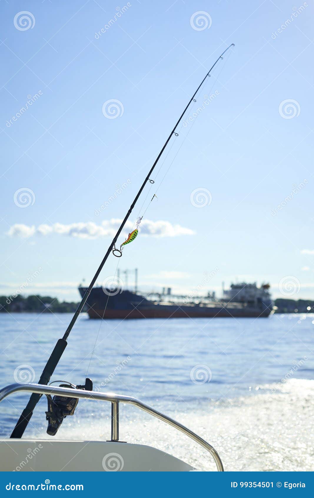 Spinning with Trolling on the Ship`s Hull Against the Background Stock ...