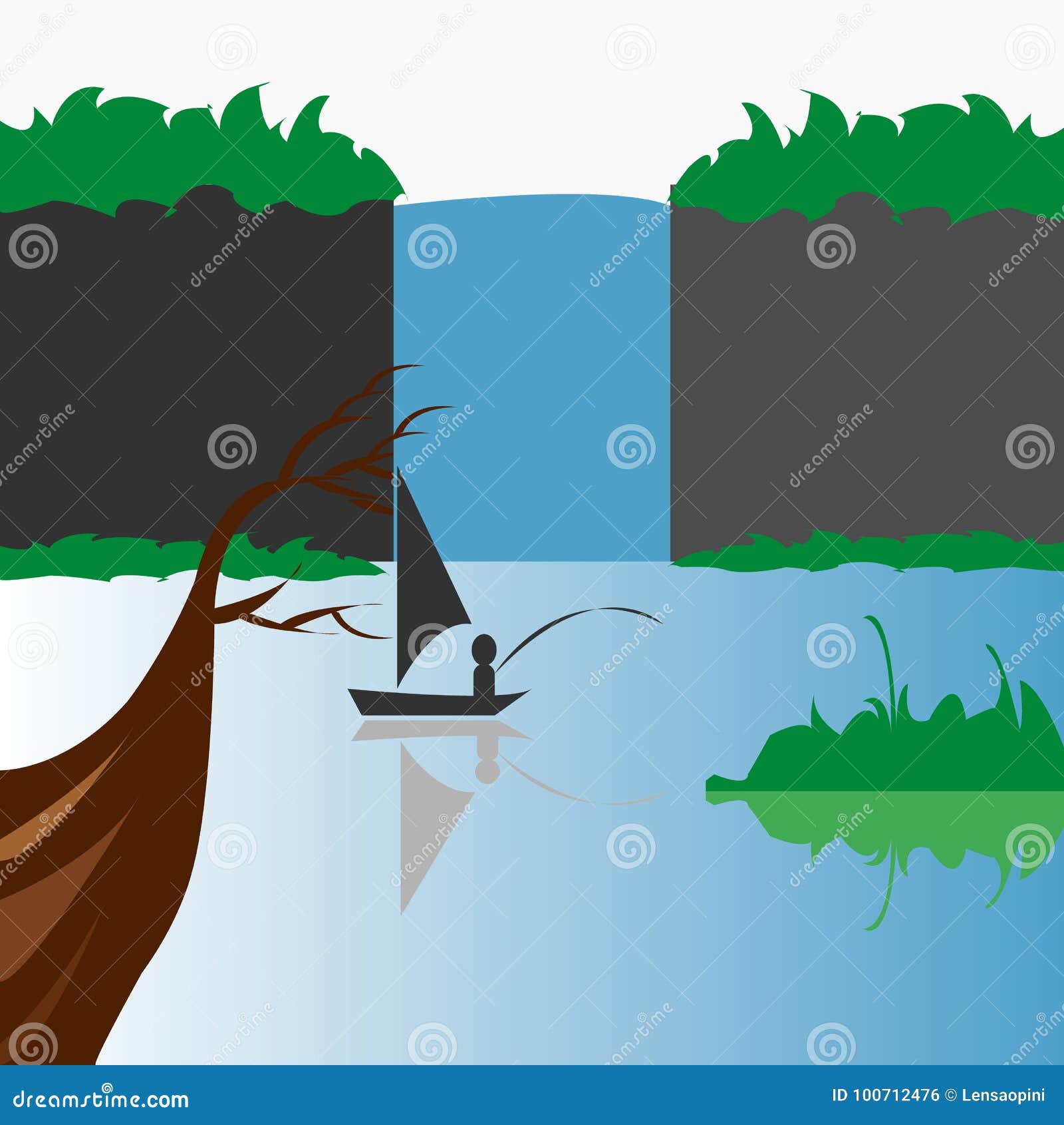 Fishing in the Waterfall Lake Illustration Stock Vector - Illustration ...