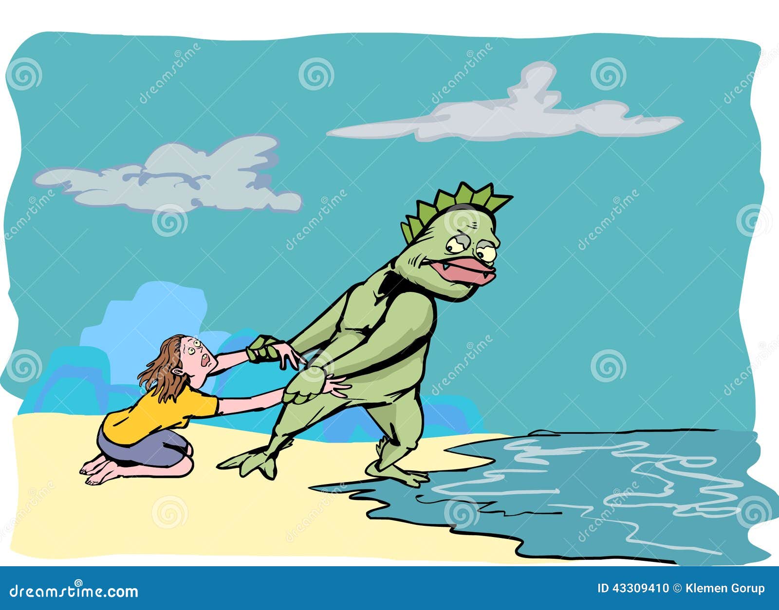 Fishman catching a girl stock illustration. Illustration of clouds ...