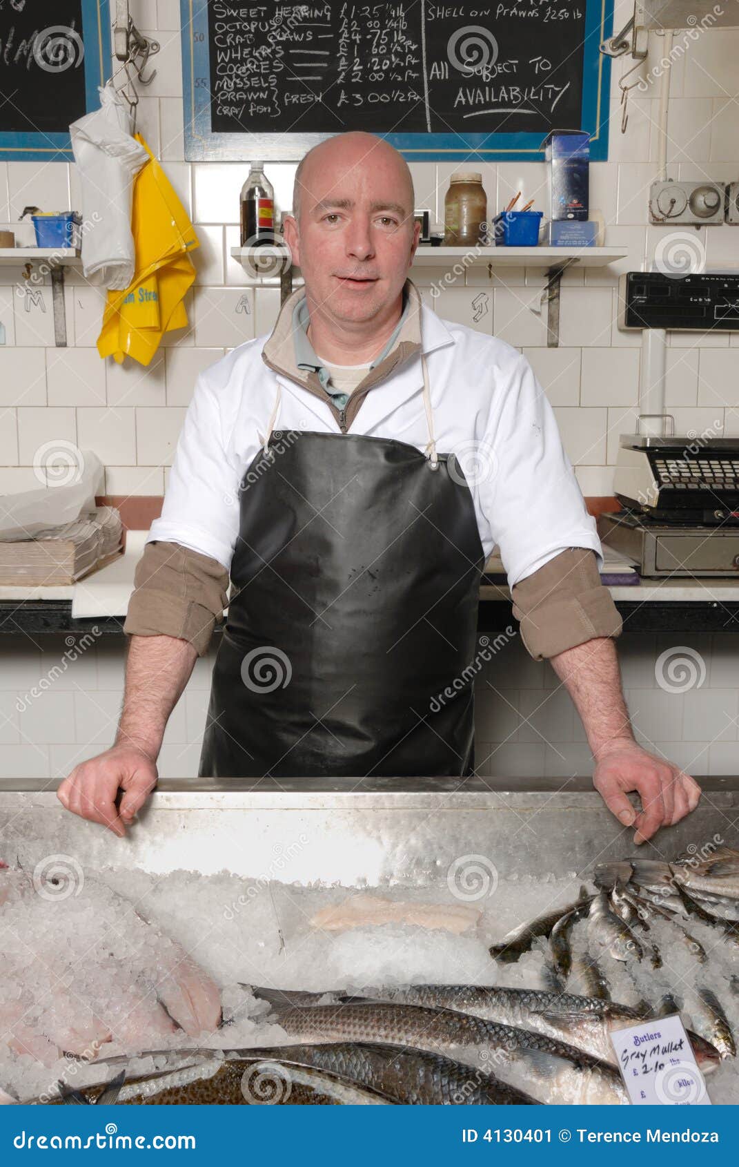 Fishmonger in apron stock image. Image of sushi, selling - 4130401