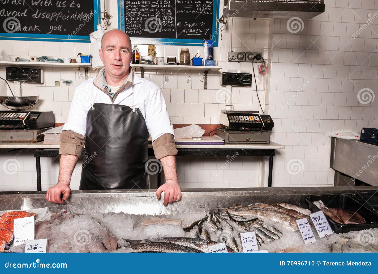 Fishmonger Behind His Fish Counter, UK Stock Photo - Image of store ...