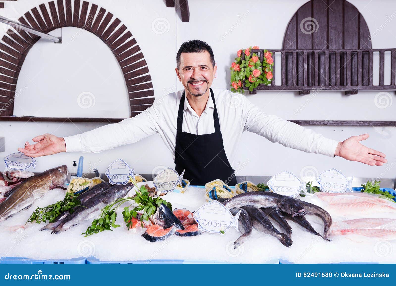 Fishmonger stock photo. Image of purchase, shop, older - 82491680