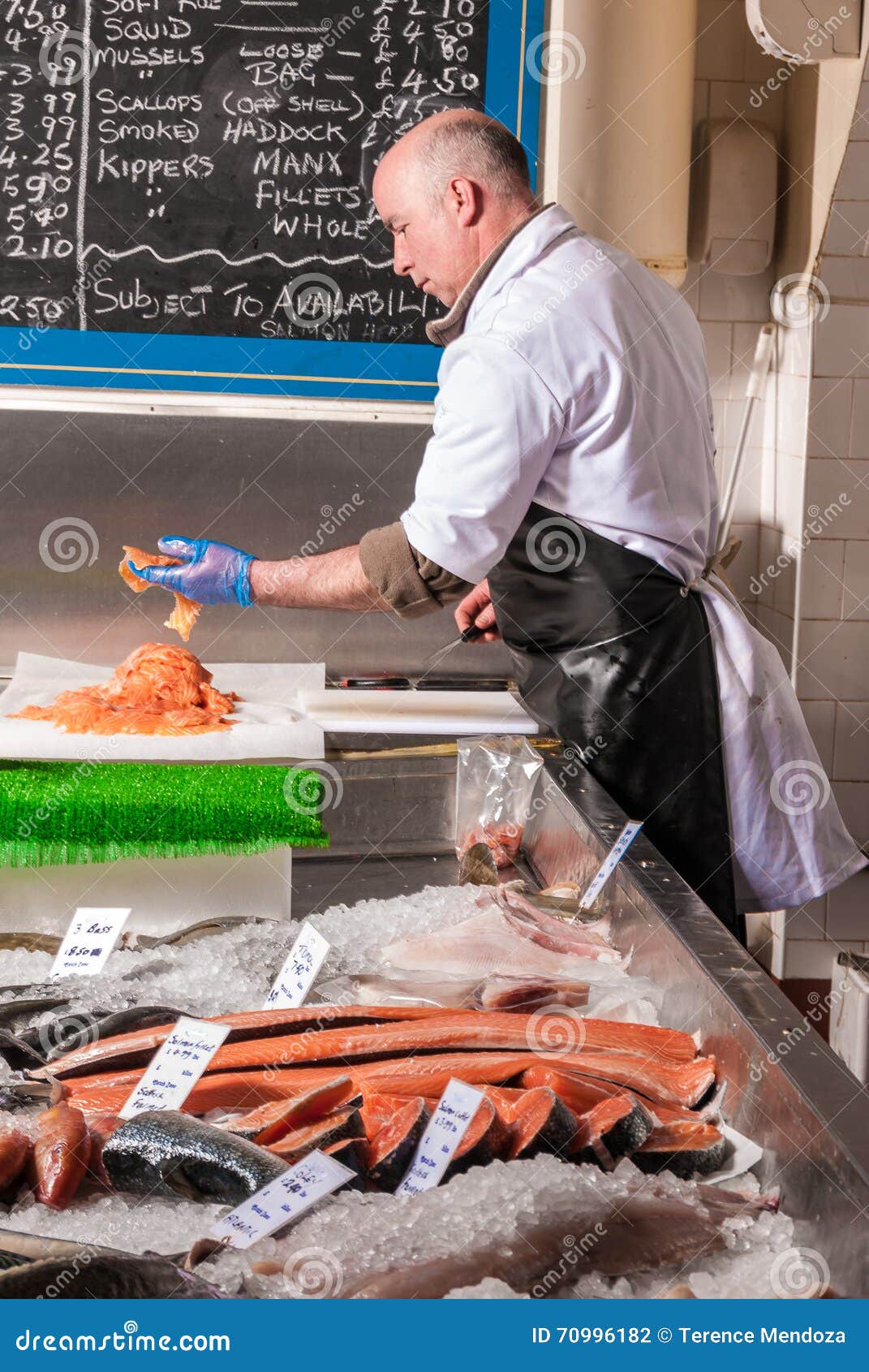 Fishmonger Packaging Smoked Salmon, UK Stock Photo - Image of mature ...