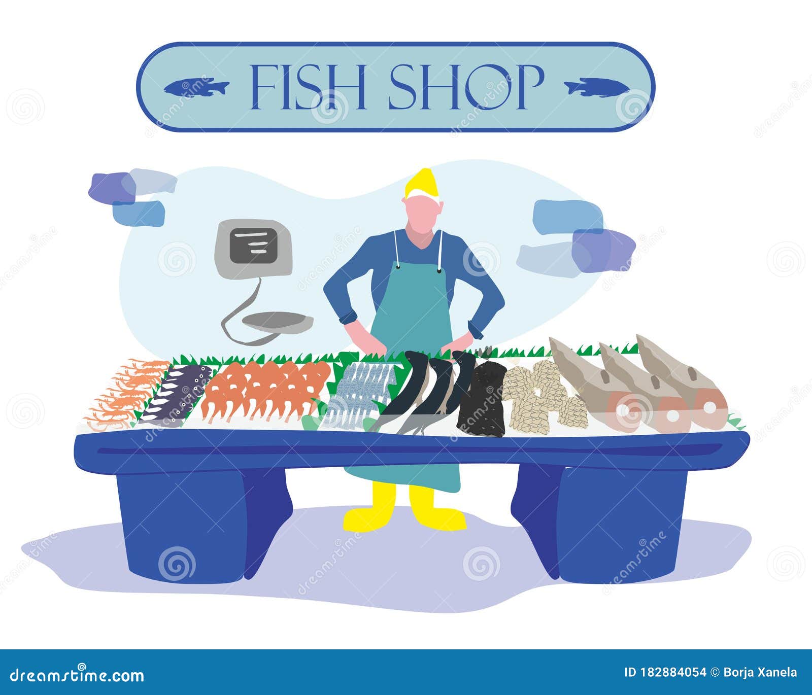 Fishmonger at work. Vector stock illustration. Illustration of fresh ...