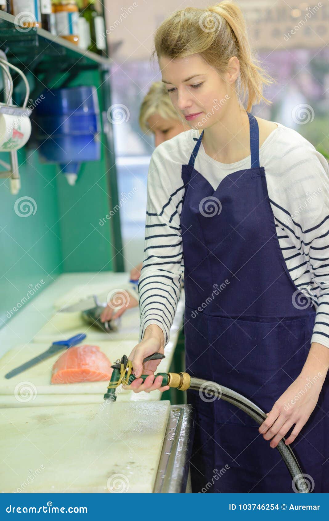 Fishmongers Employee Cleaning Kitchen Stock Photo - Image of portion ...