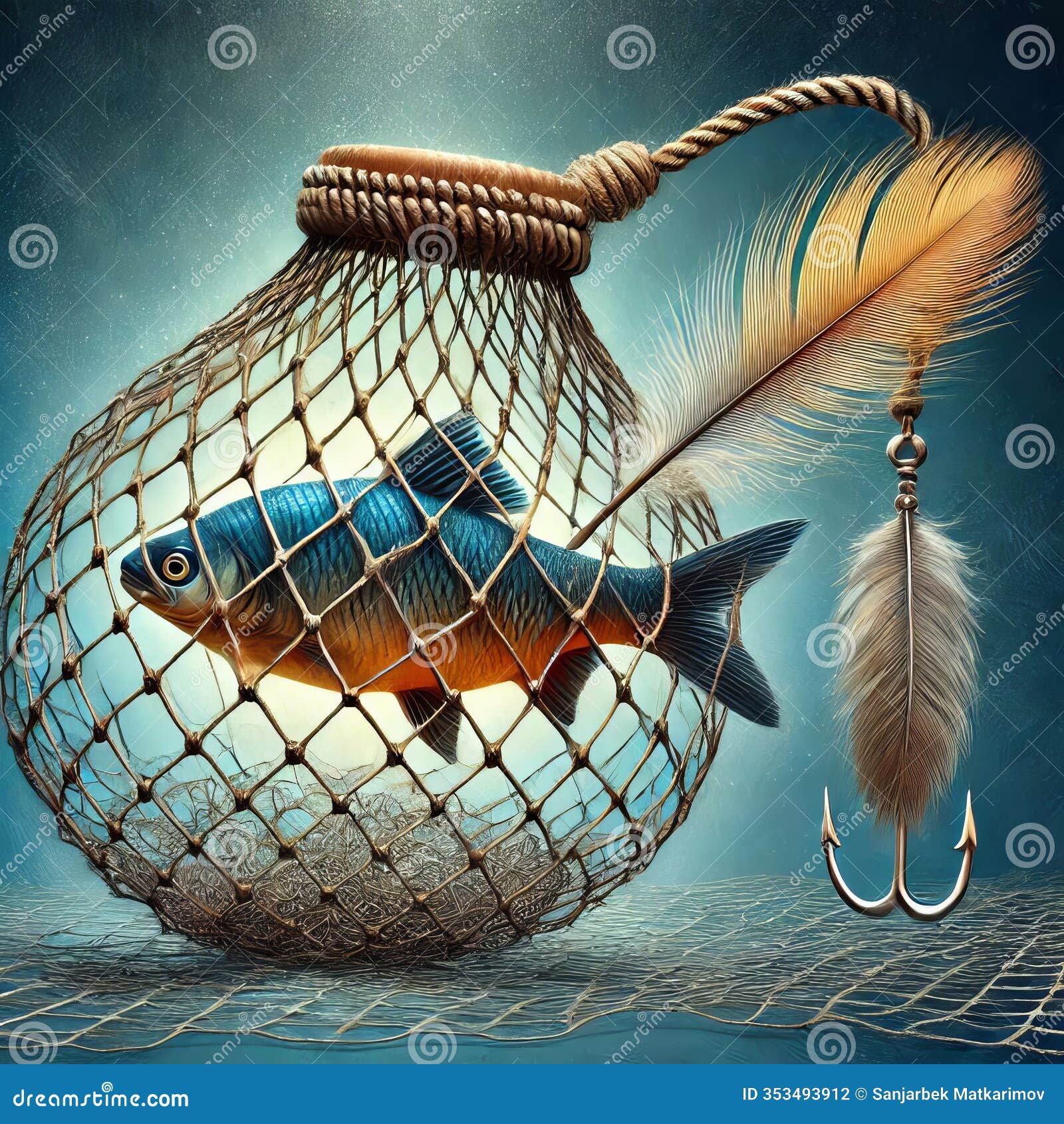 Fishnet With Fish And Feather Represents Entrapment And Complexi Stock ...