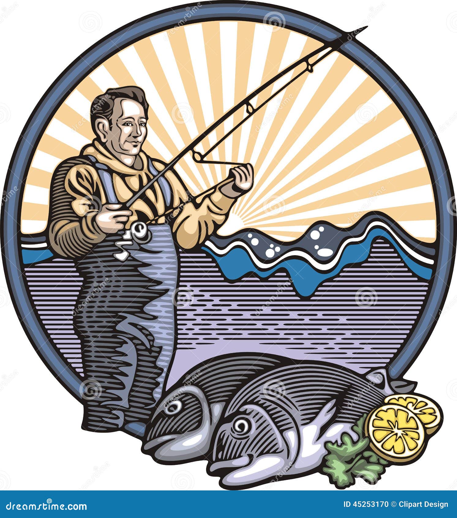 Fiskare Illustration I Träsnittstil Vektor Illustrationer ...