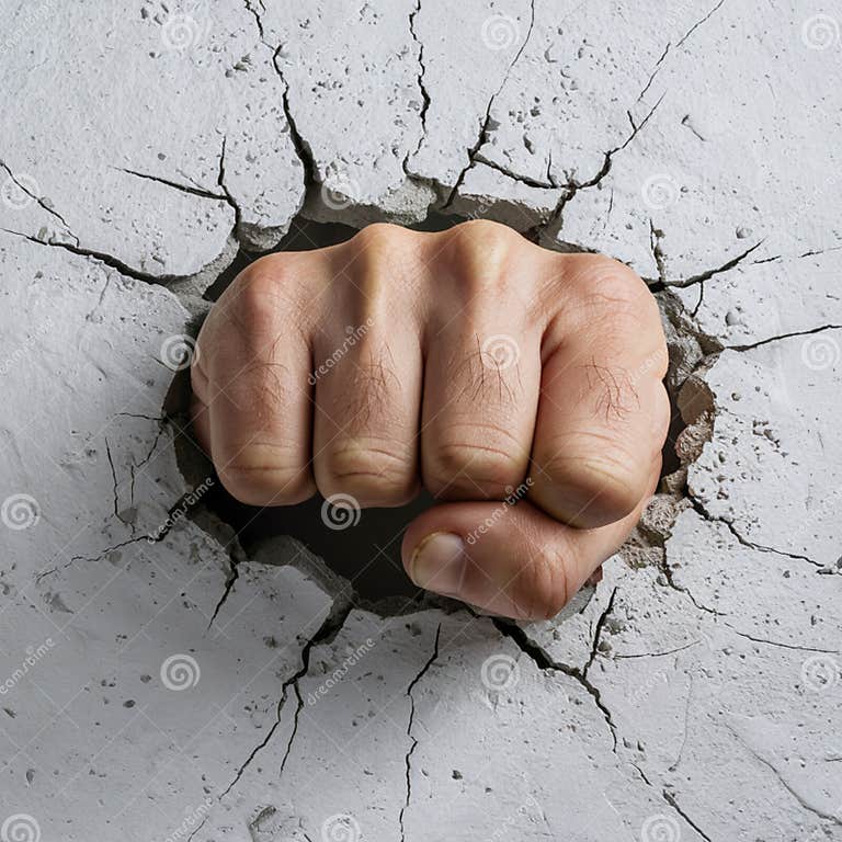 Fist Breaking through a Textured White Surface, Causing Cracks. Stock ...