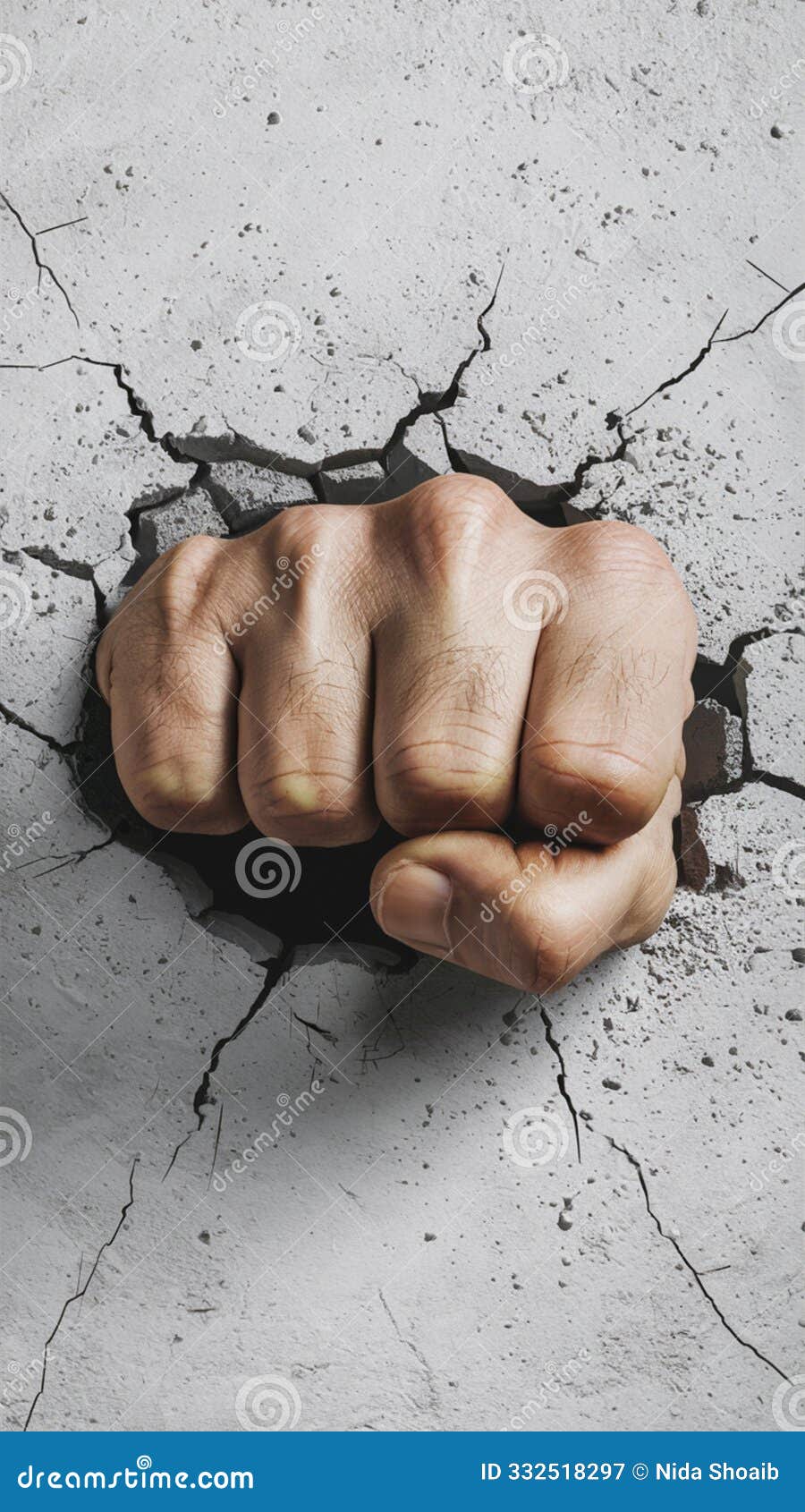 Fist Breaks through Textured Surface, Cracks Visible, Plain Background ...