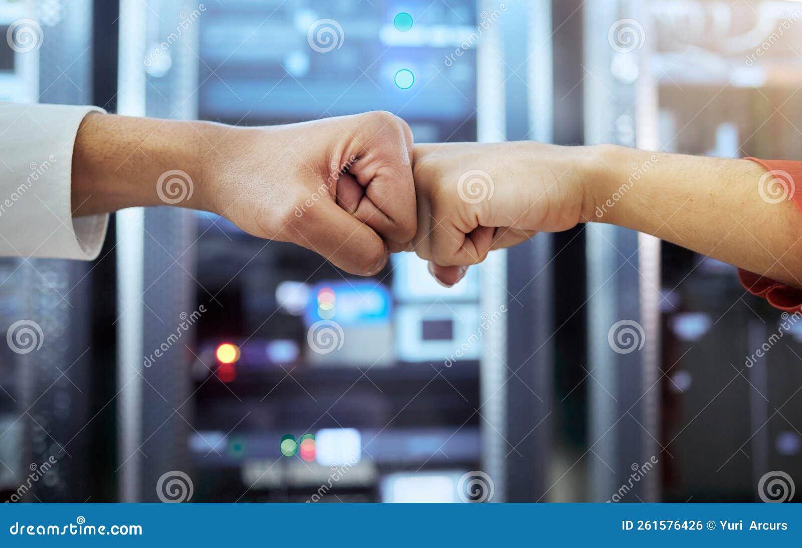 Fist Bump, Coding Teamwork and Programming Server Room of Cyber Data ...