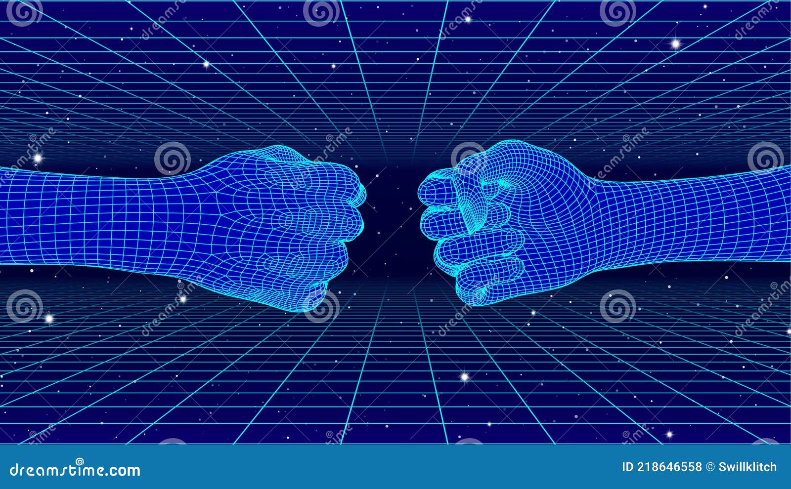 Fist Bump Concept With Cyberpunk Human And Machine Hands In 80s Neon ...