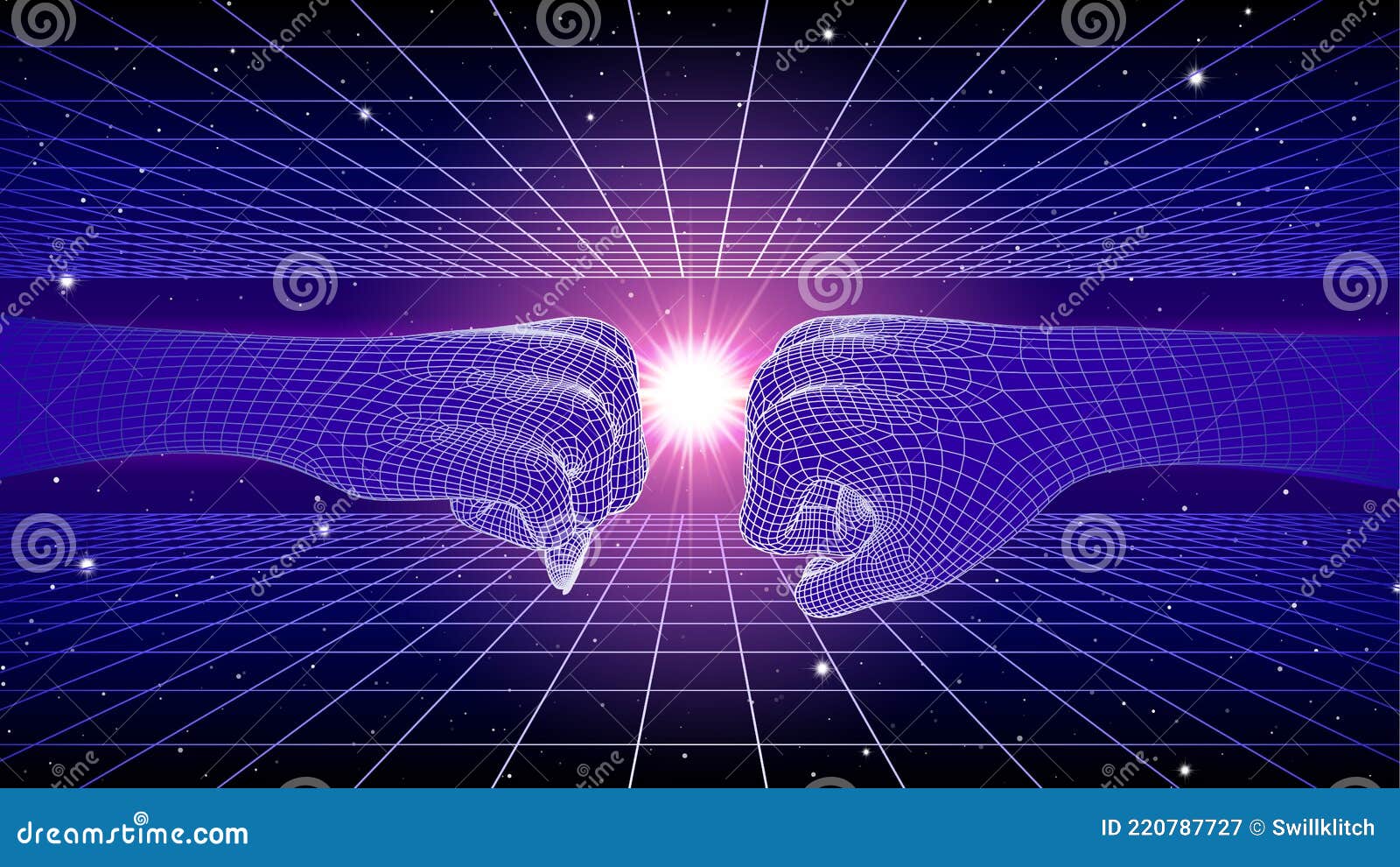 Fist Bump Concept with Cyberpunk Human and Machine Hands in 80s Neon ...