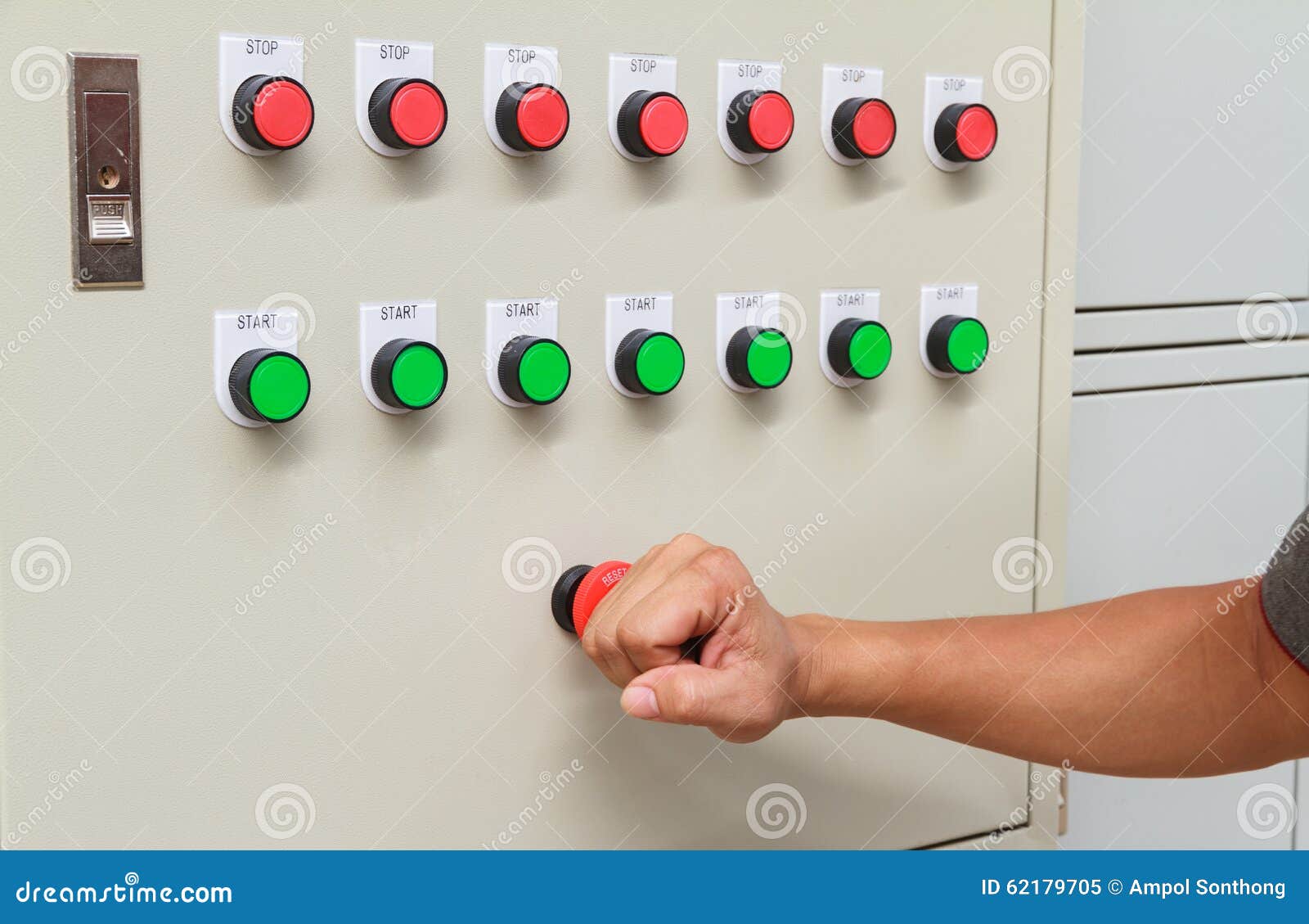 Fist Smash Touch on Red Emergency Stop Switch and Reset with Green ...
