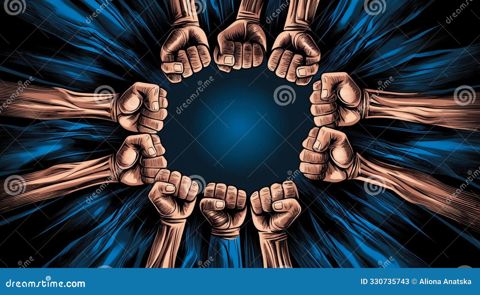 Fists Raised in Unity Against a Blue Backdrop Stock Illustration ...