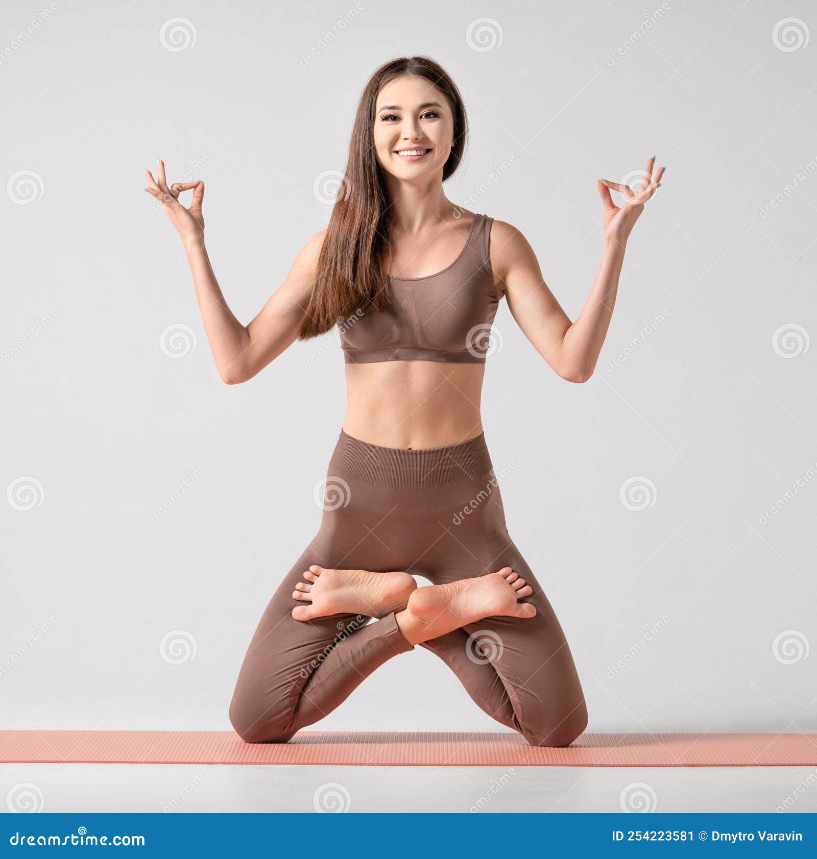 Fit Asian Woman In Sportswear Practicing Yoga Keeping Balance While