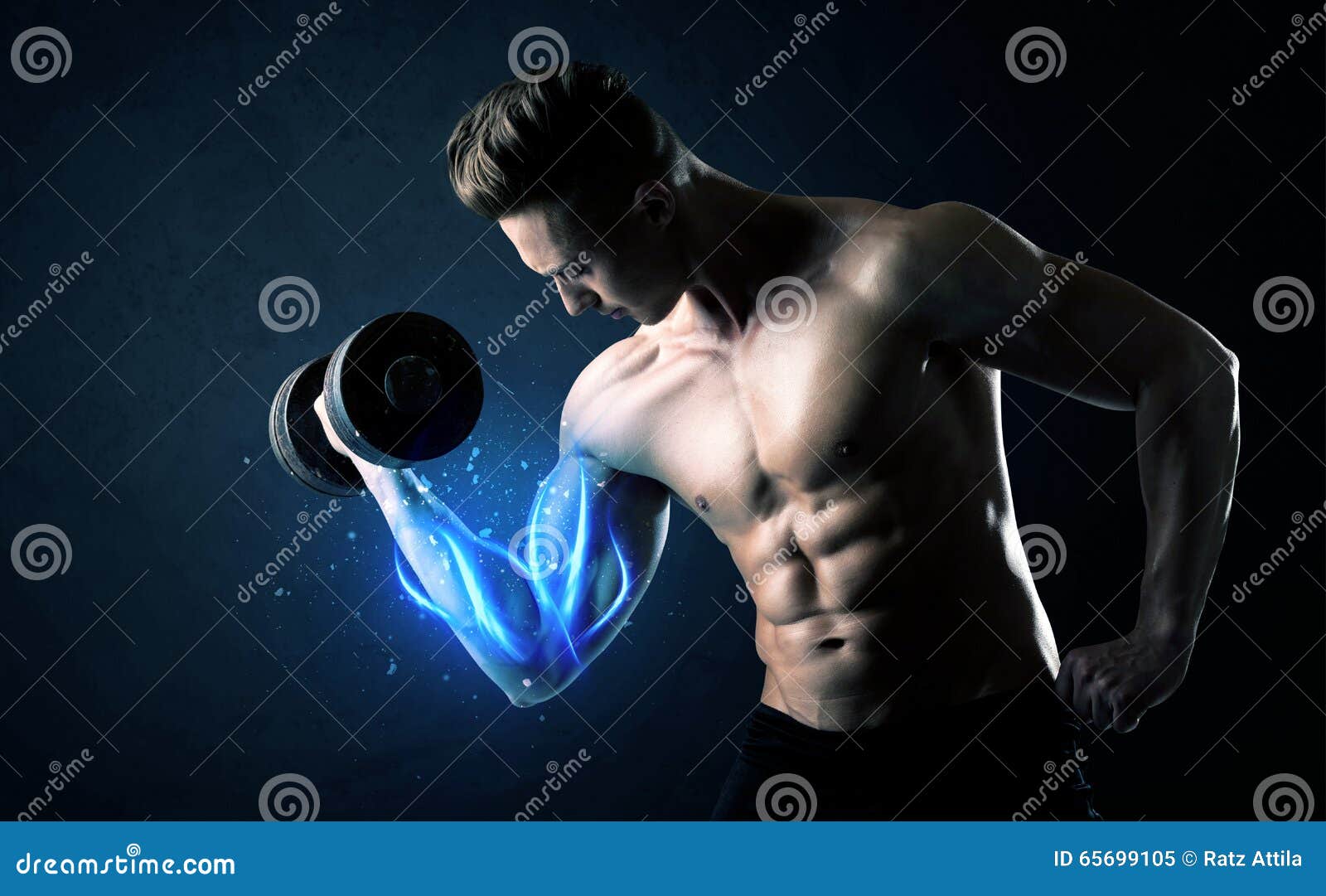 Fit Athlete Lifting Weight with Blue Muscle Light Concept Stock Image ...