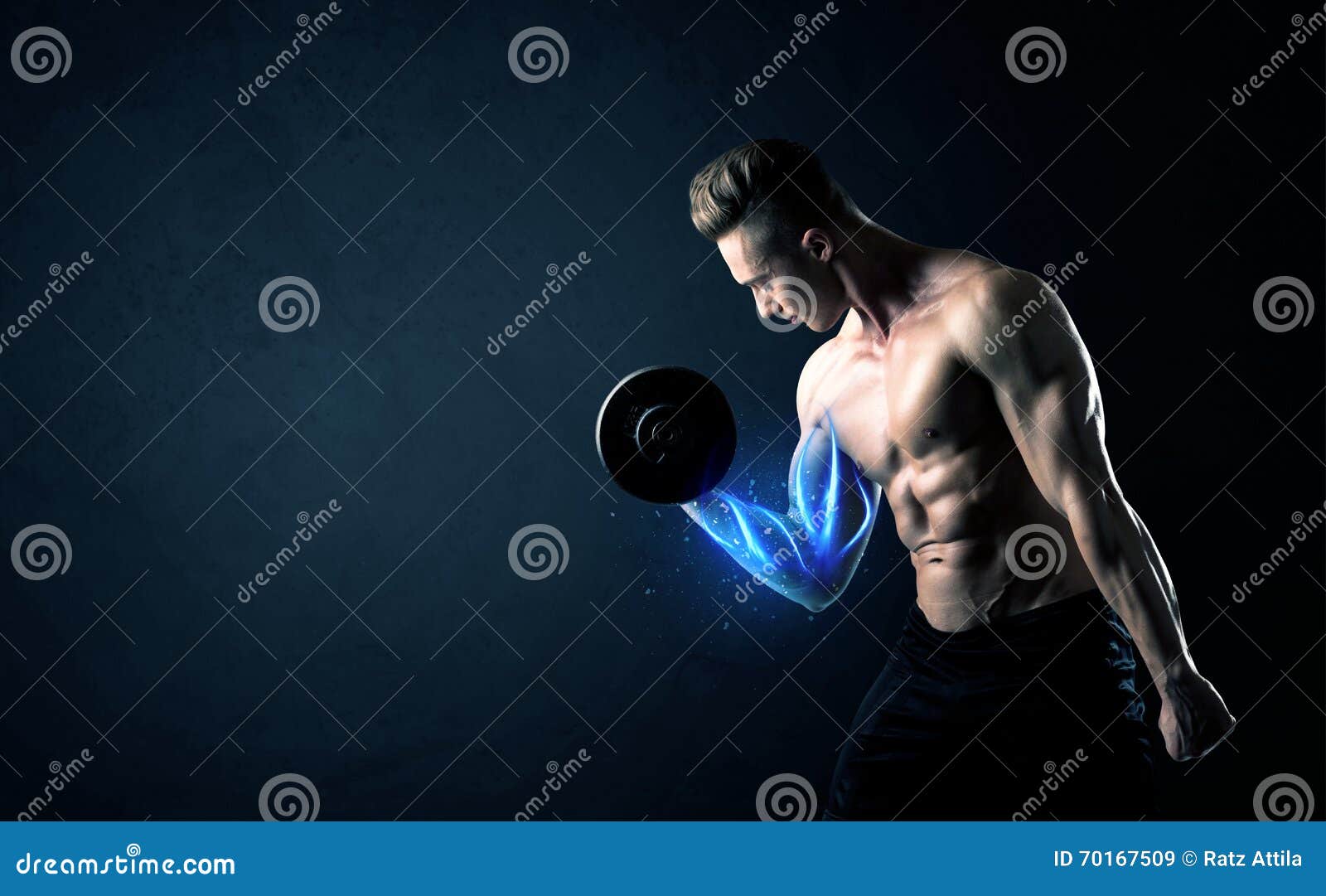 Fit Athlete Lifting Weight with Blue Muscle Light Concept Stock Image ...
