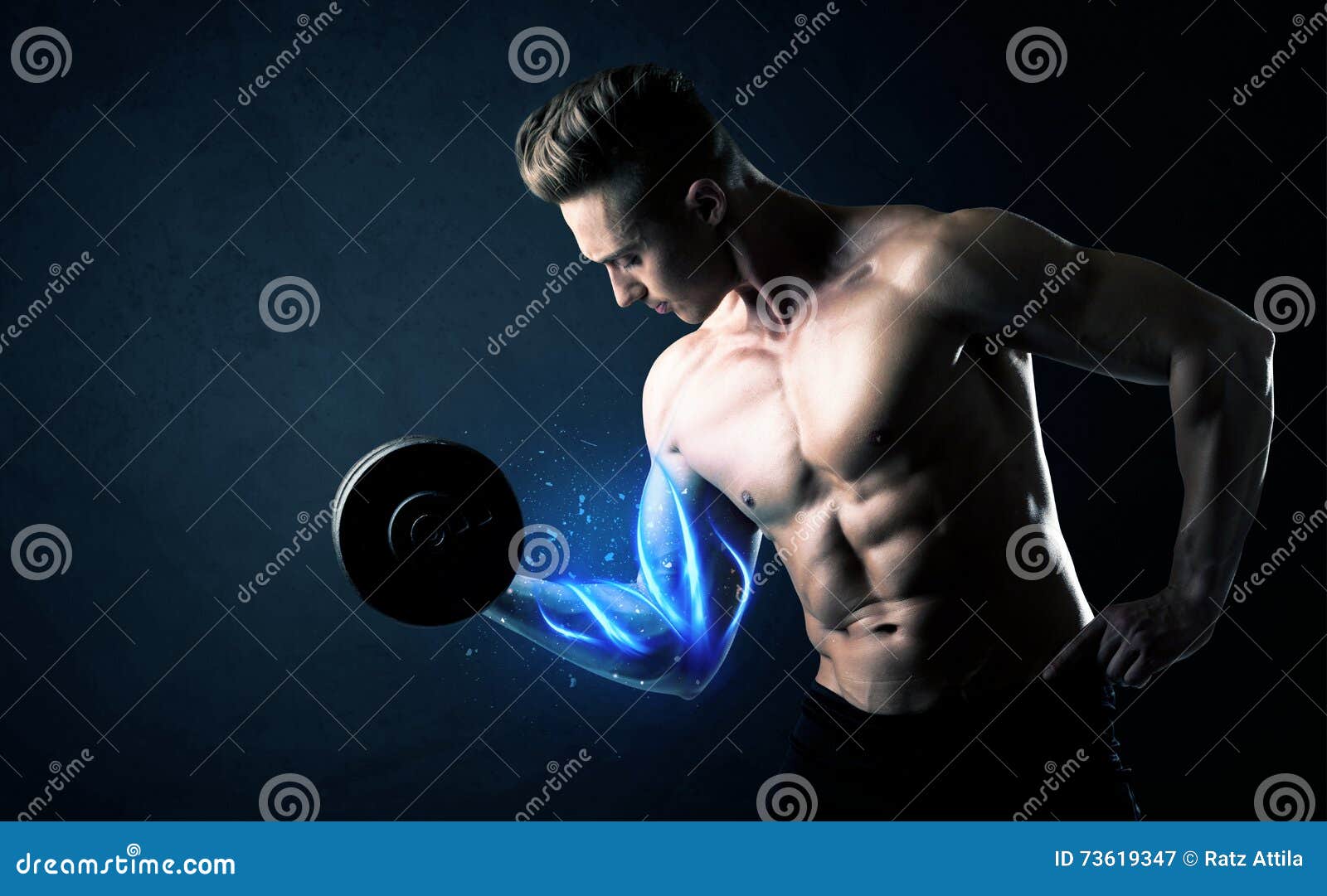 Fit Athlete Lifting Weight with Blue Muscle Light Concept Stock Image ...
