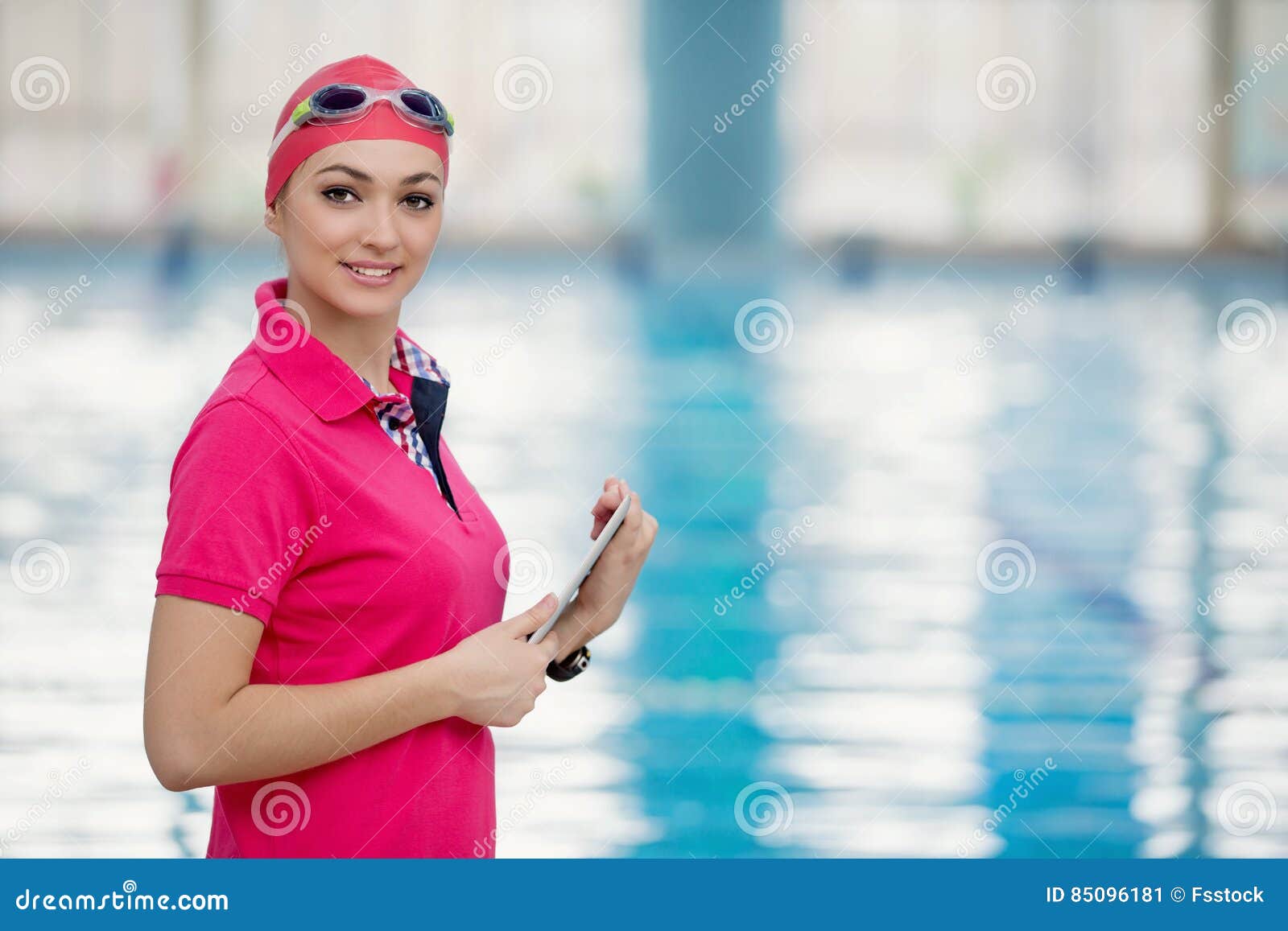 Fit Female Swimming Trainer with Tablet at the Pool Stock Image - Image ...