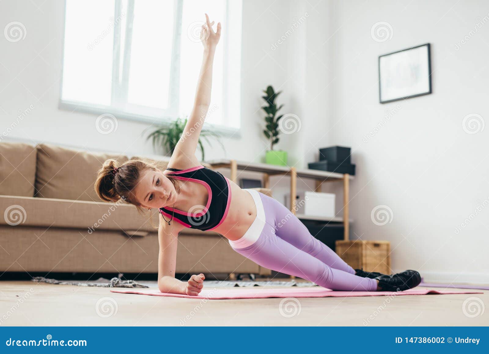 Fit Girl Doing Plank Exercise at Home. Stock Photo - Image of work ...