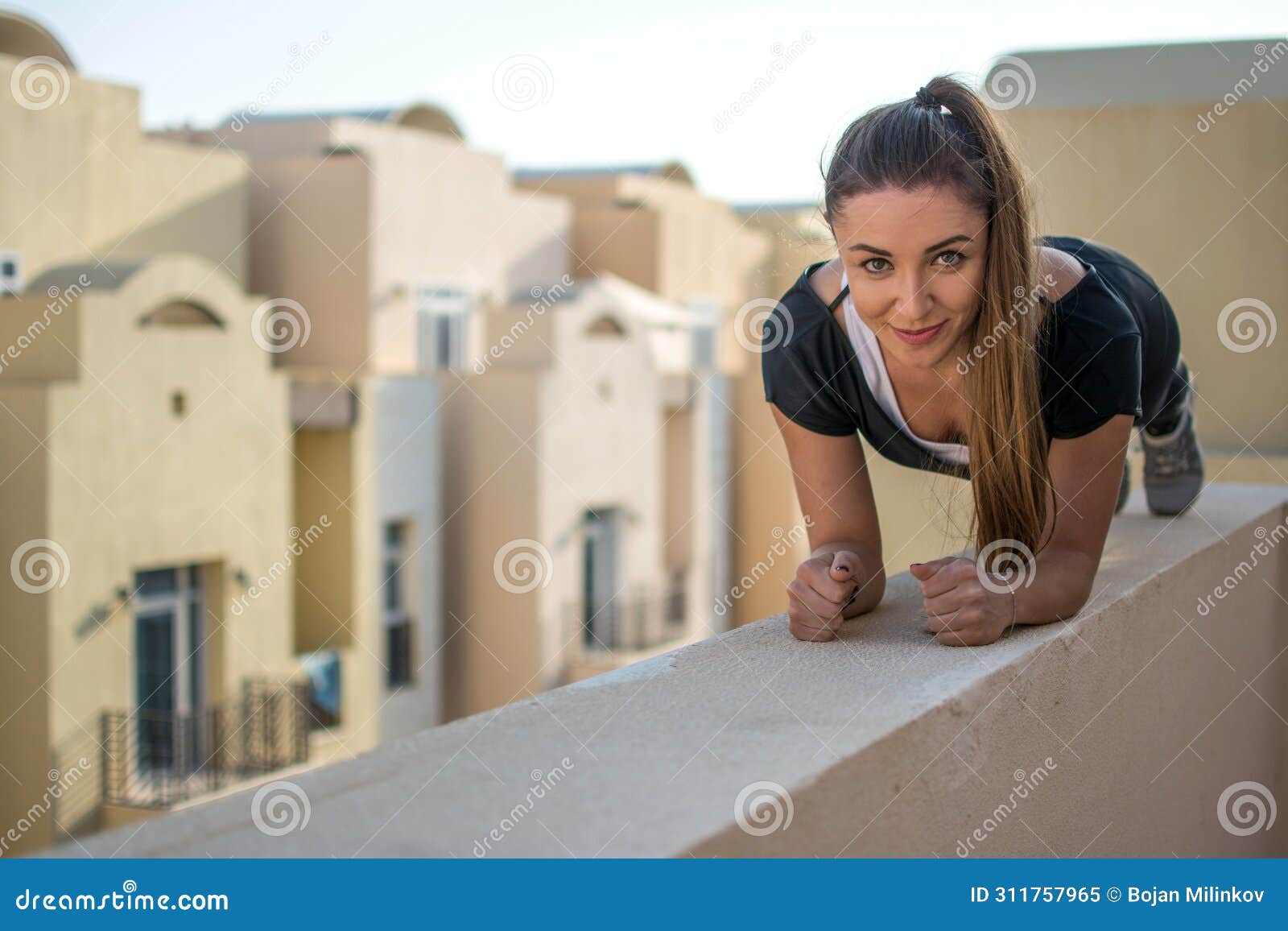 Fit Girl Doing Plank Exercise Outdoor. Stock Image - Image of building ...