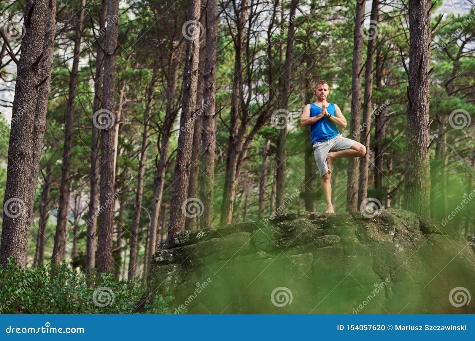 Fit Man Doing the Tree Pose Alone in a Forest Stock Photo - Image of ...