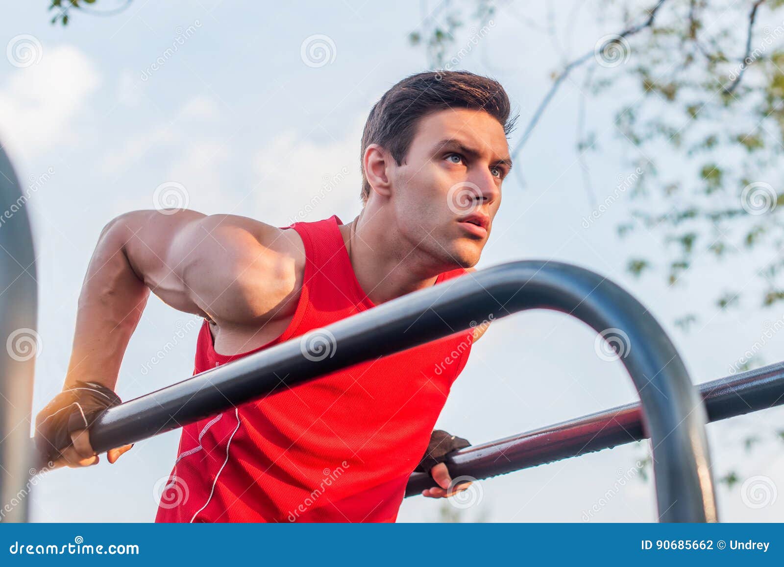 Fit Man Doing Triceps Dips on Parallel Bars at Park Exercising Outdoors ...