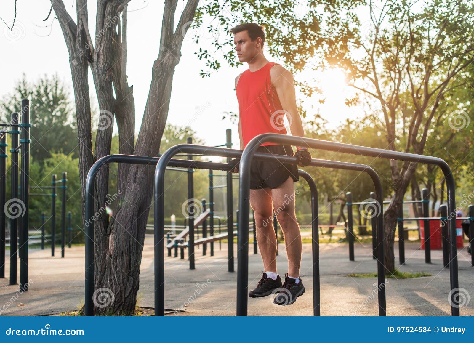 Fit Man Doing Triceps Dips on Parallel Bars at Park Exercising Outdoors ...