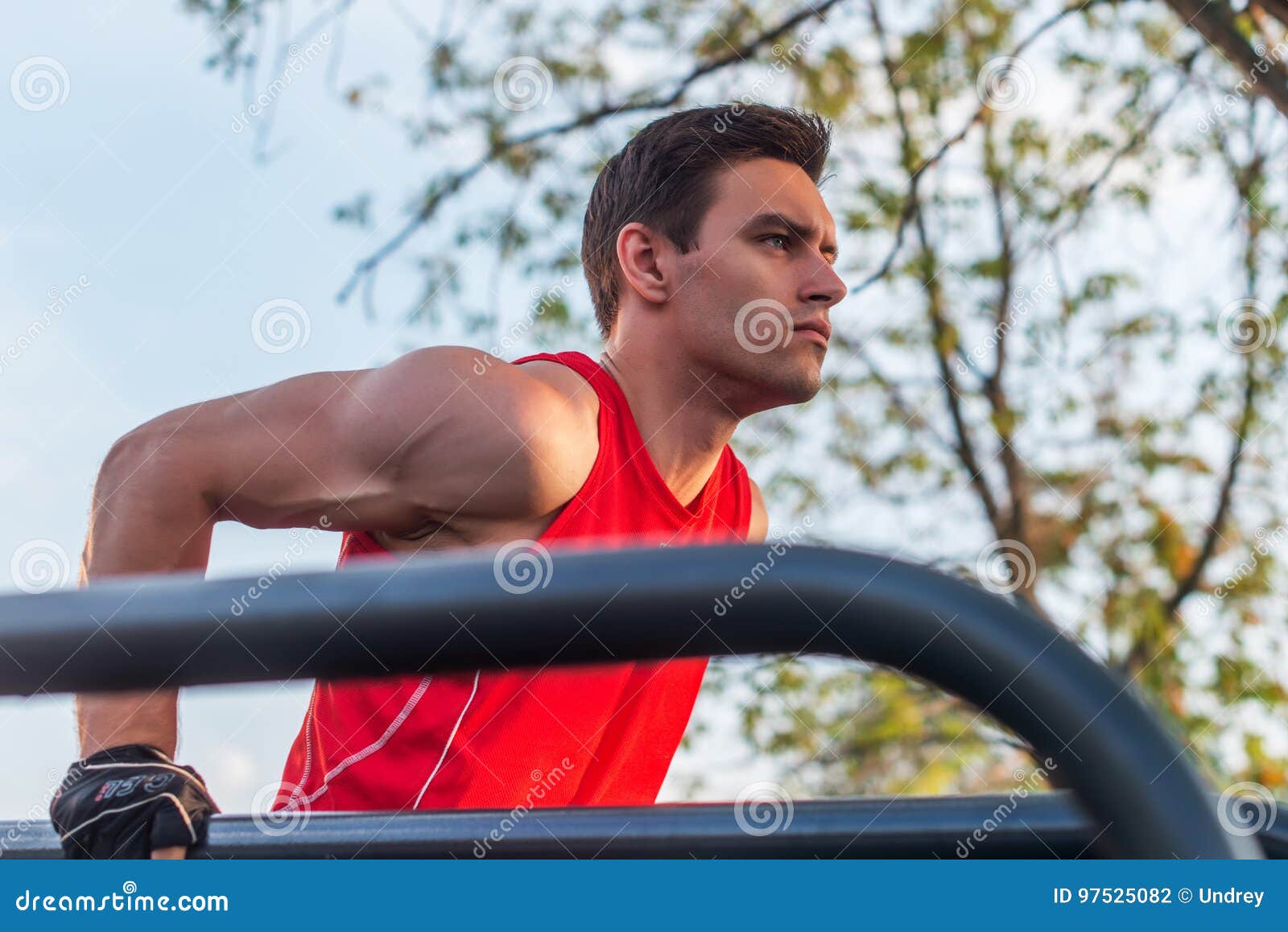 Fit Man Doing Triceps Dips on Parallel Bars at Park Exercising Outdoors ...