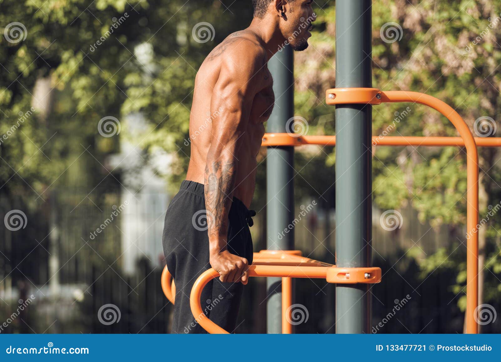 Fit Man Doing Triceps Dips on Parallel Bars at Park Stock Image - Image ...