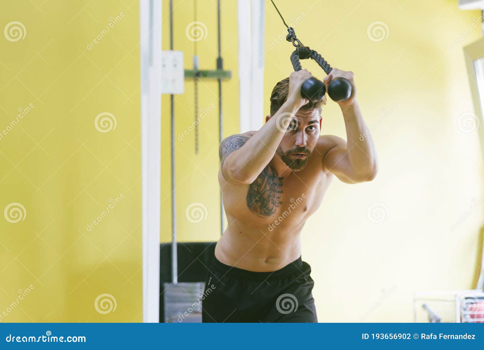 Fit Man on Lat Pull Down Machine at the Health Club. Work Out on Pull ...