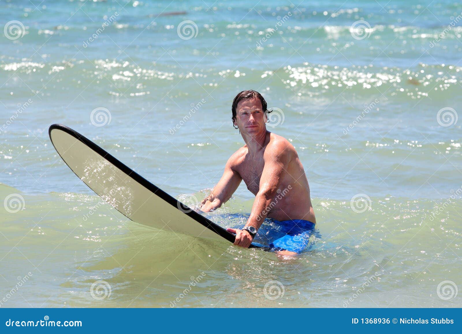 Fit Middle Aged Man Surfing On Beach In Summer Stock Photo - Image of ...