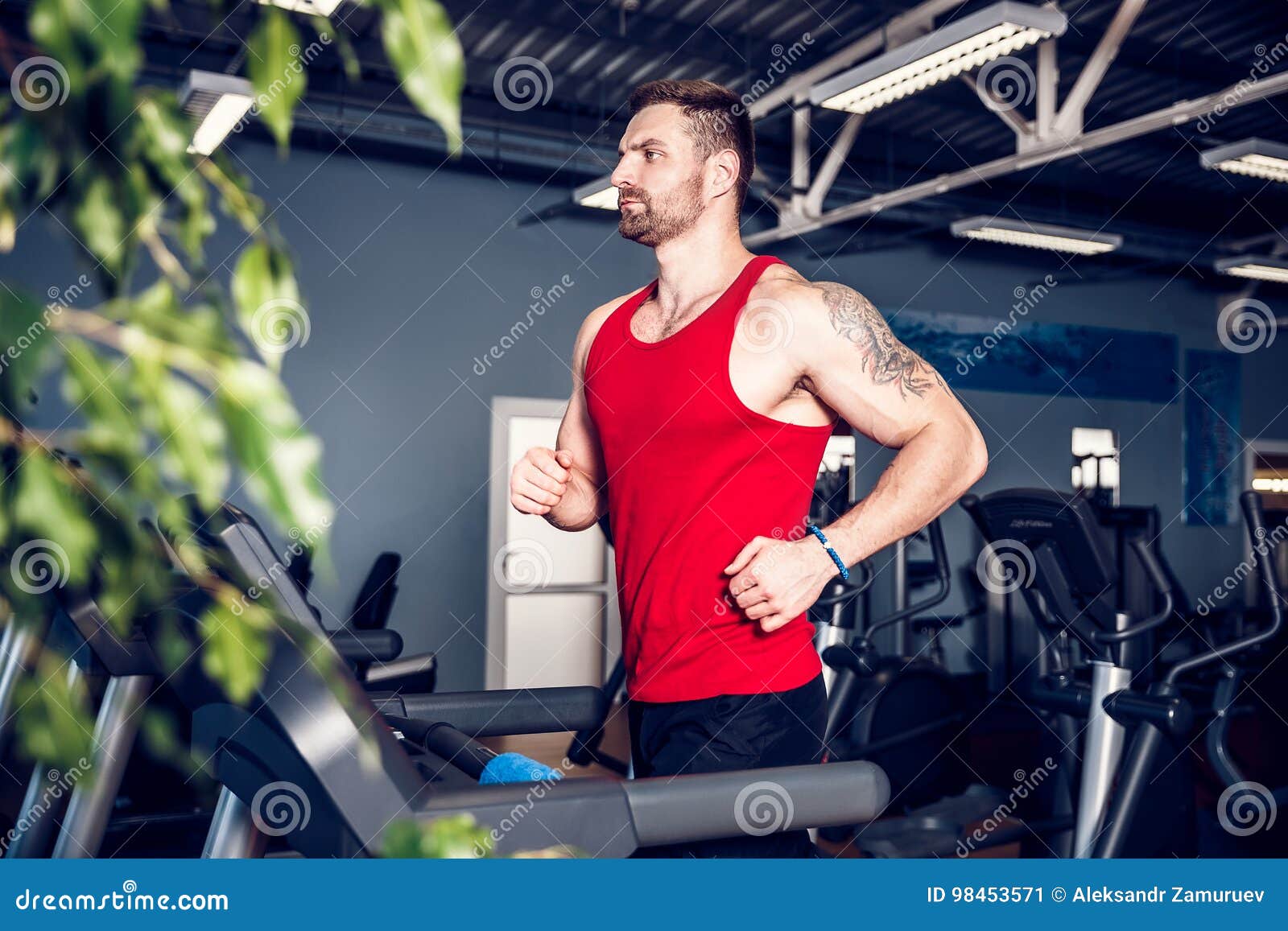 Muscle Man Running on Treadmill. Stock Image - Image of adult ...