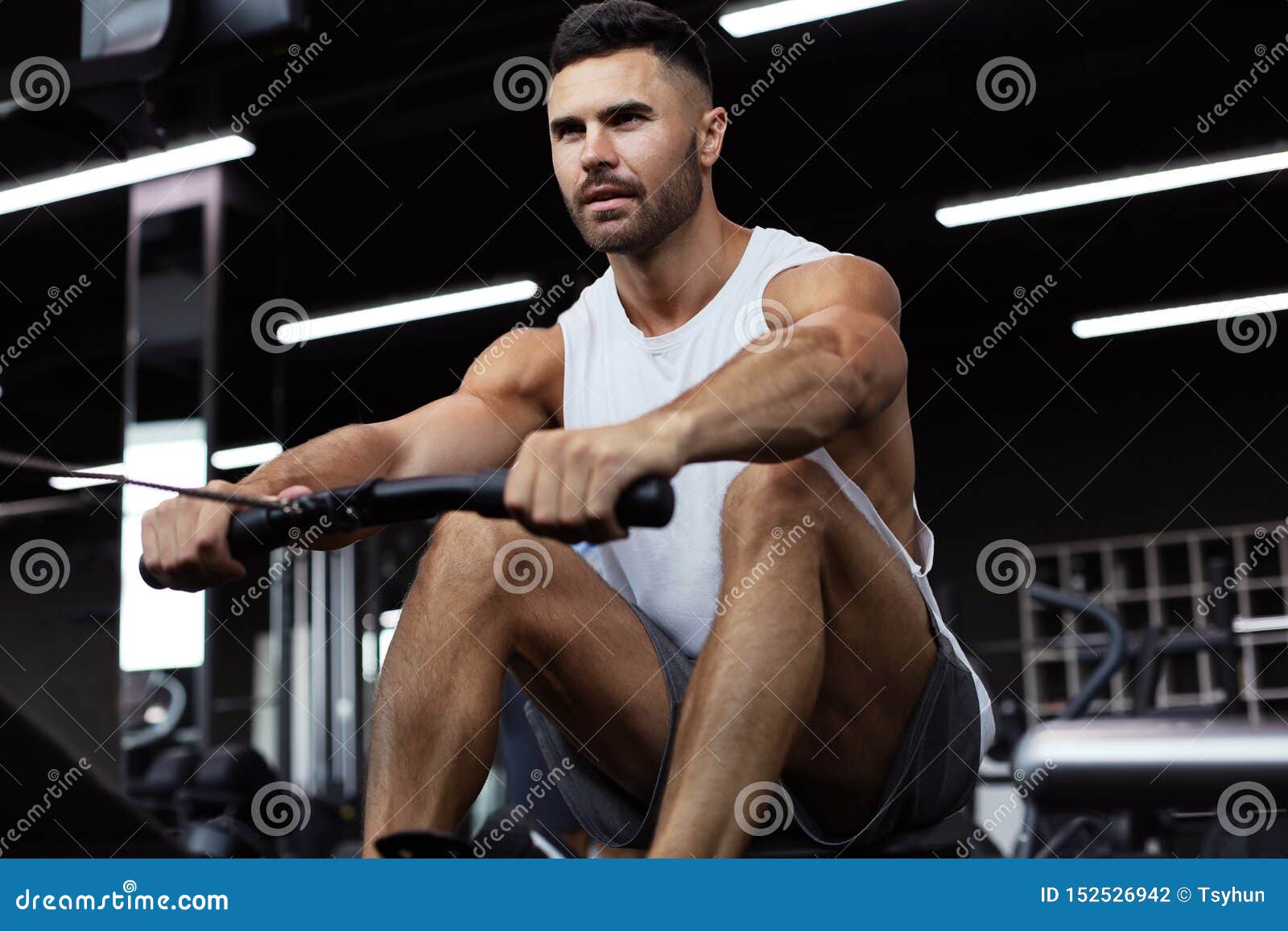 Fit and Muscular Man Using Rowing Machine at Gym Stock Photo - Image of ...