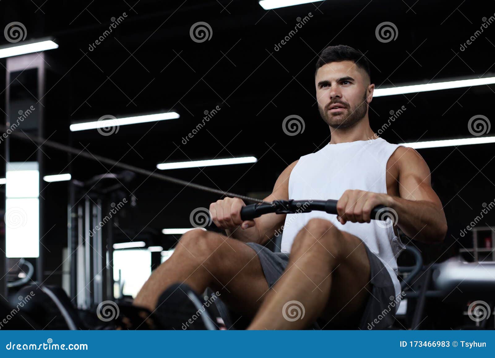 Fit and Muscular Man Using Rowing Machine at Gym Stock Image - Image of ...