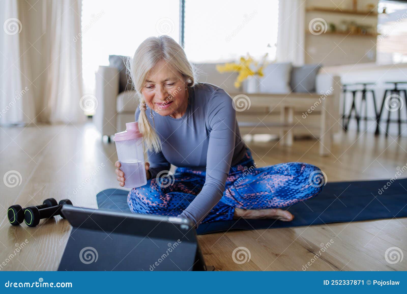 Fit Senior Woman Having Online Exercising Class at Home, Active ...