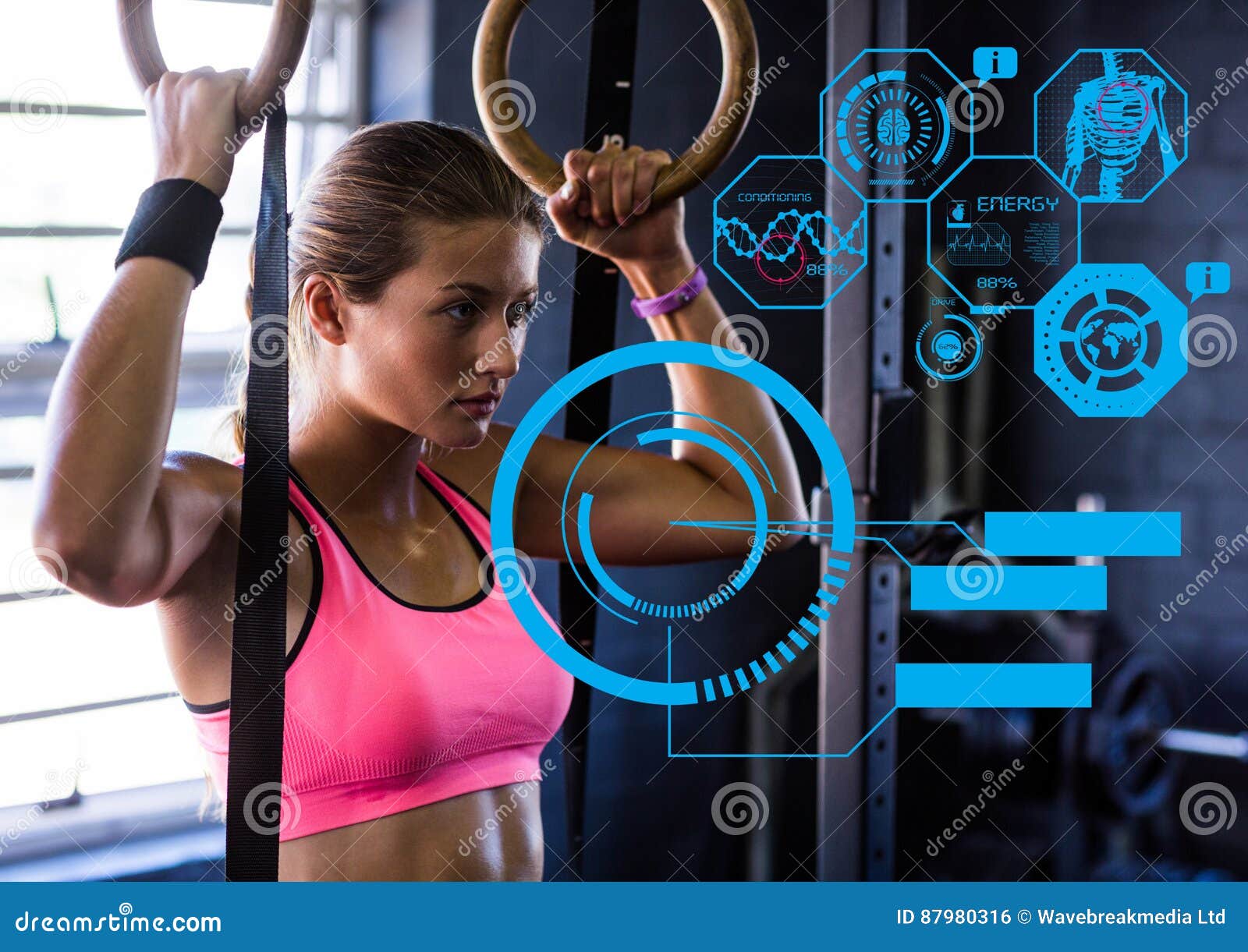 Fit Woman Exercising in Gym with Futuristic Interface Stock Photo ...