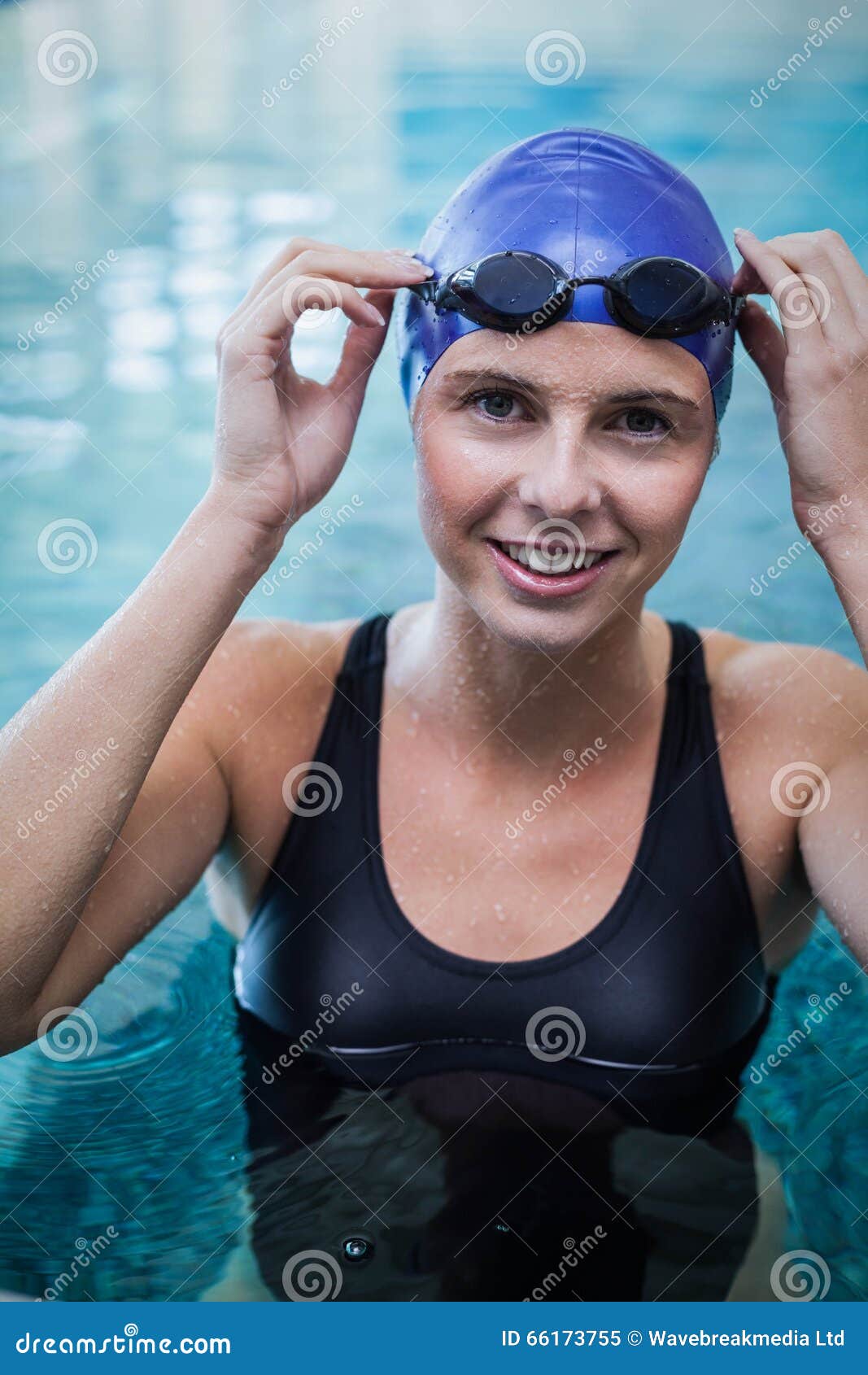 Fit Woman Wearing Swim Cap And Goggles In The Water Stock Image Image