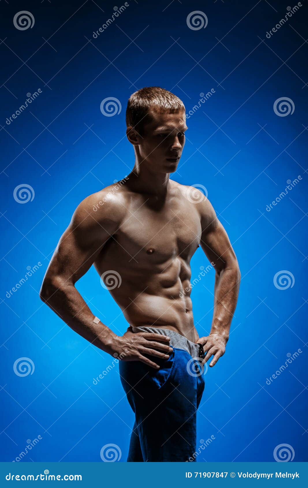 Fit Young Man with Beautiful Torso on Blue Background Stock Image ...