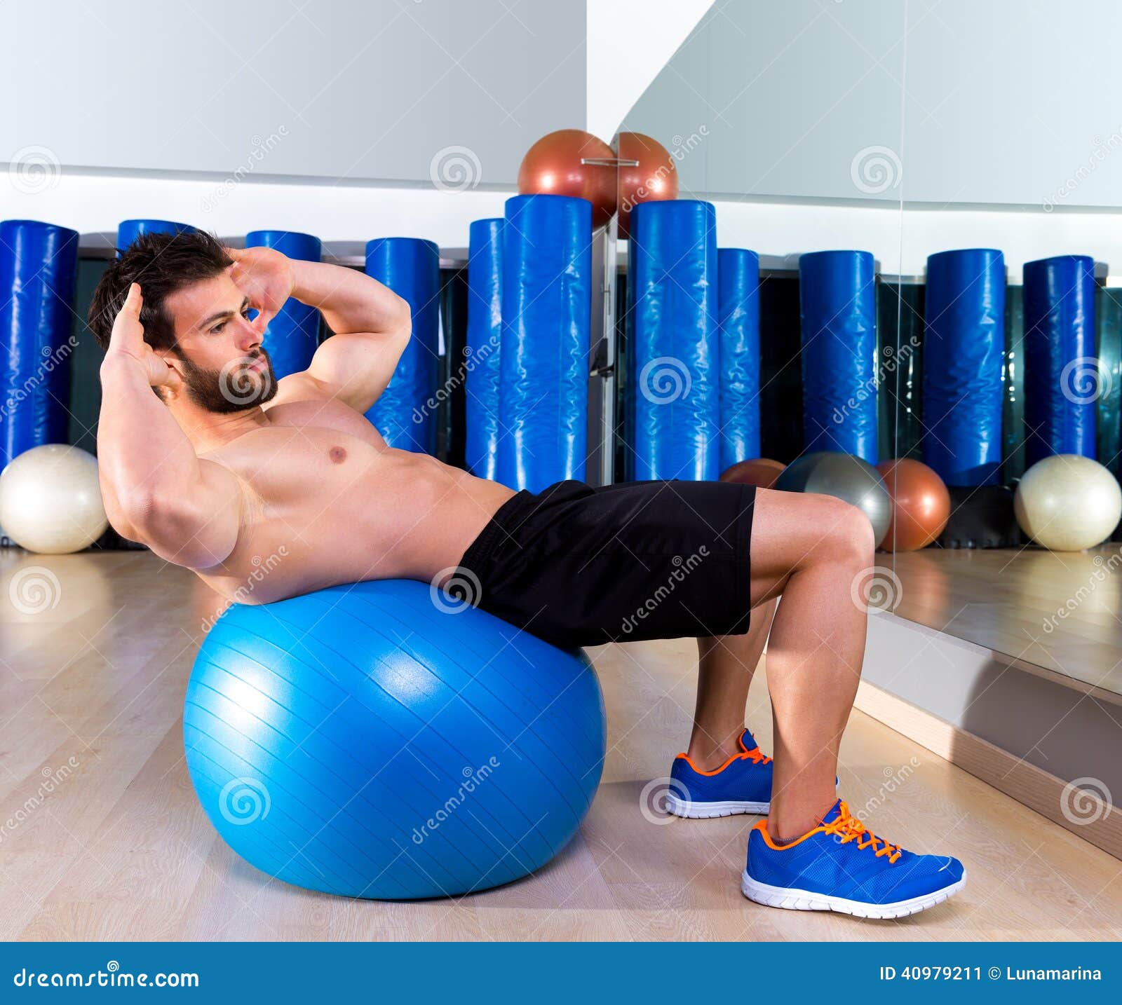 Fitball Abdominal Crunch Swiss Ball Man At Gym Stock Image Image Of
