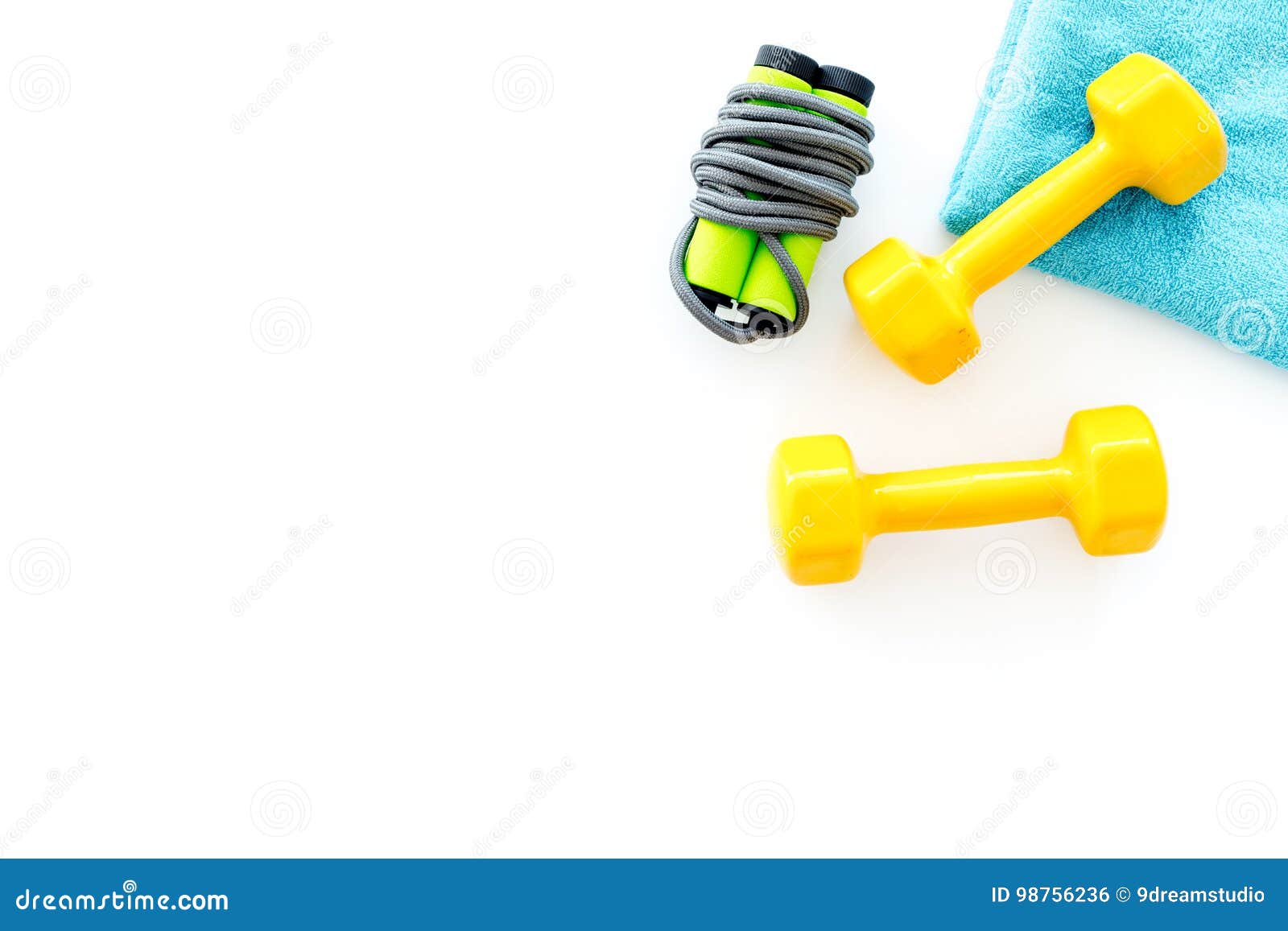 Fitness Background. Jump Rope, Dumbbells on White Background Top View ...