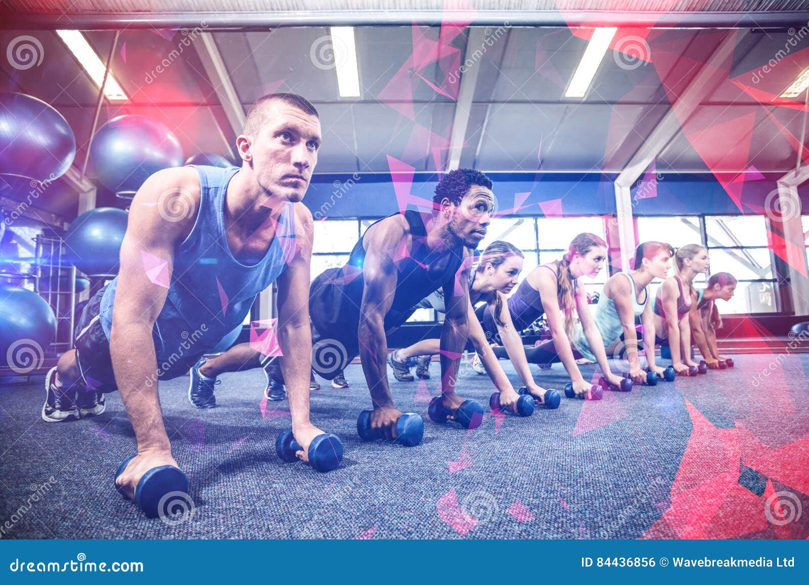 Fitness Class in Plank Position with Dumbbells Stock Photo - Image of ...