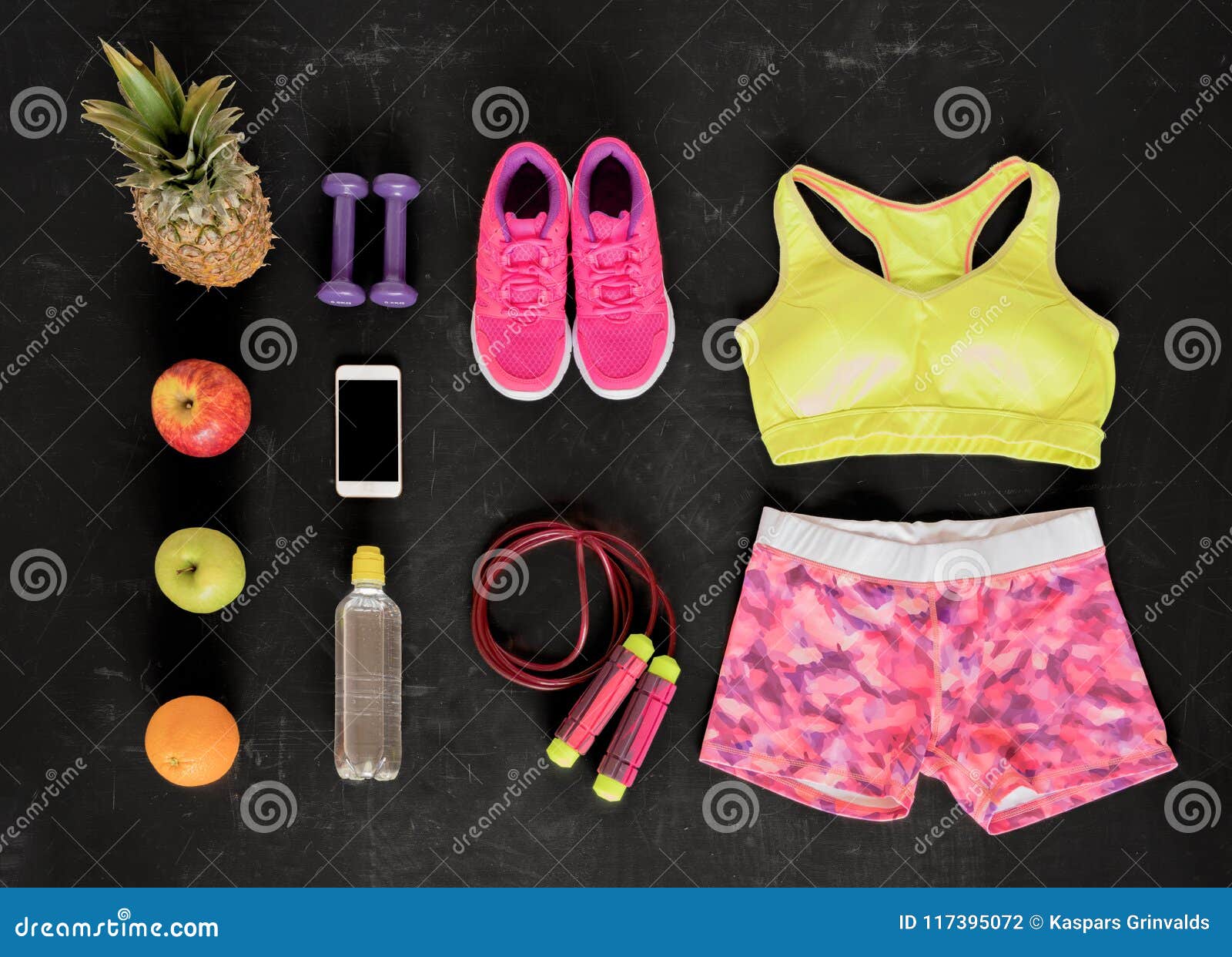 Fitness Equipment Objects Flat Lay on Black Floor Stock Photo - Image ...