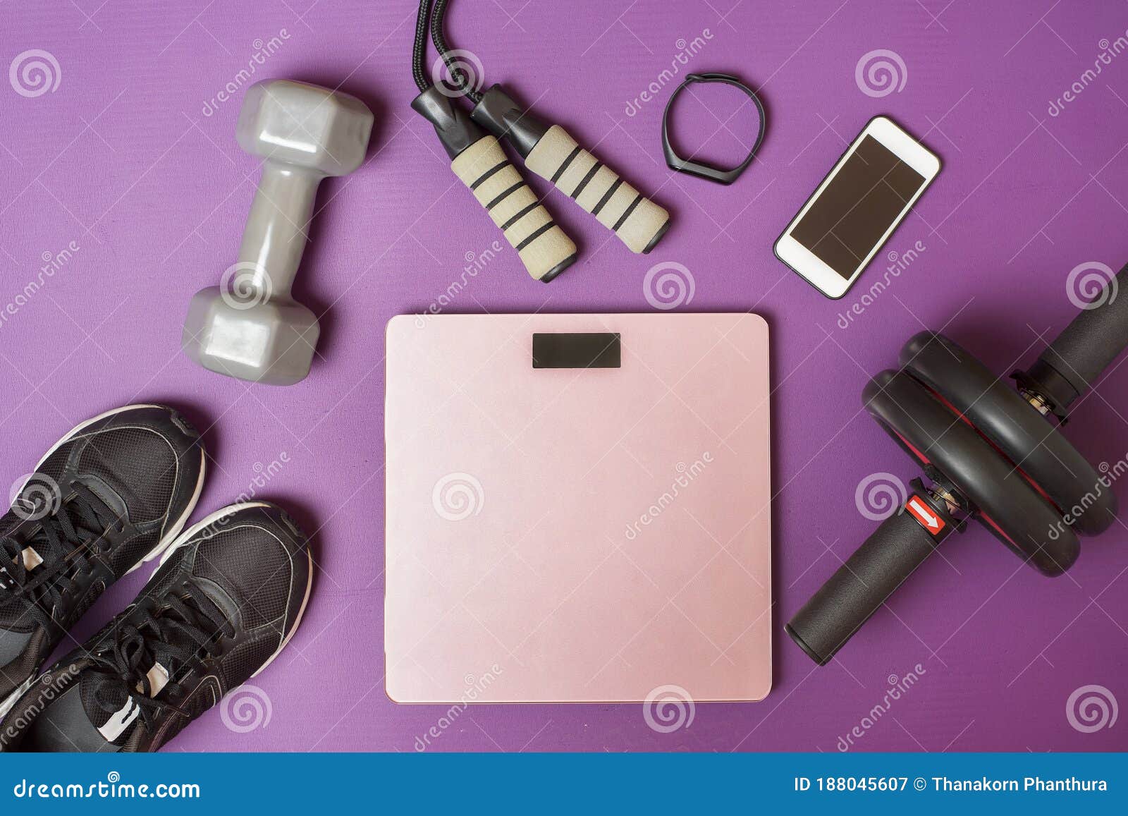 Fitness Equipment on Purple Mat Stock Image - Image of footwear ...