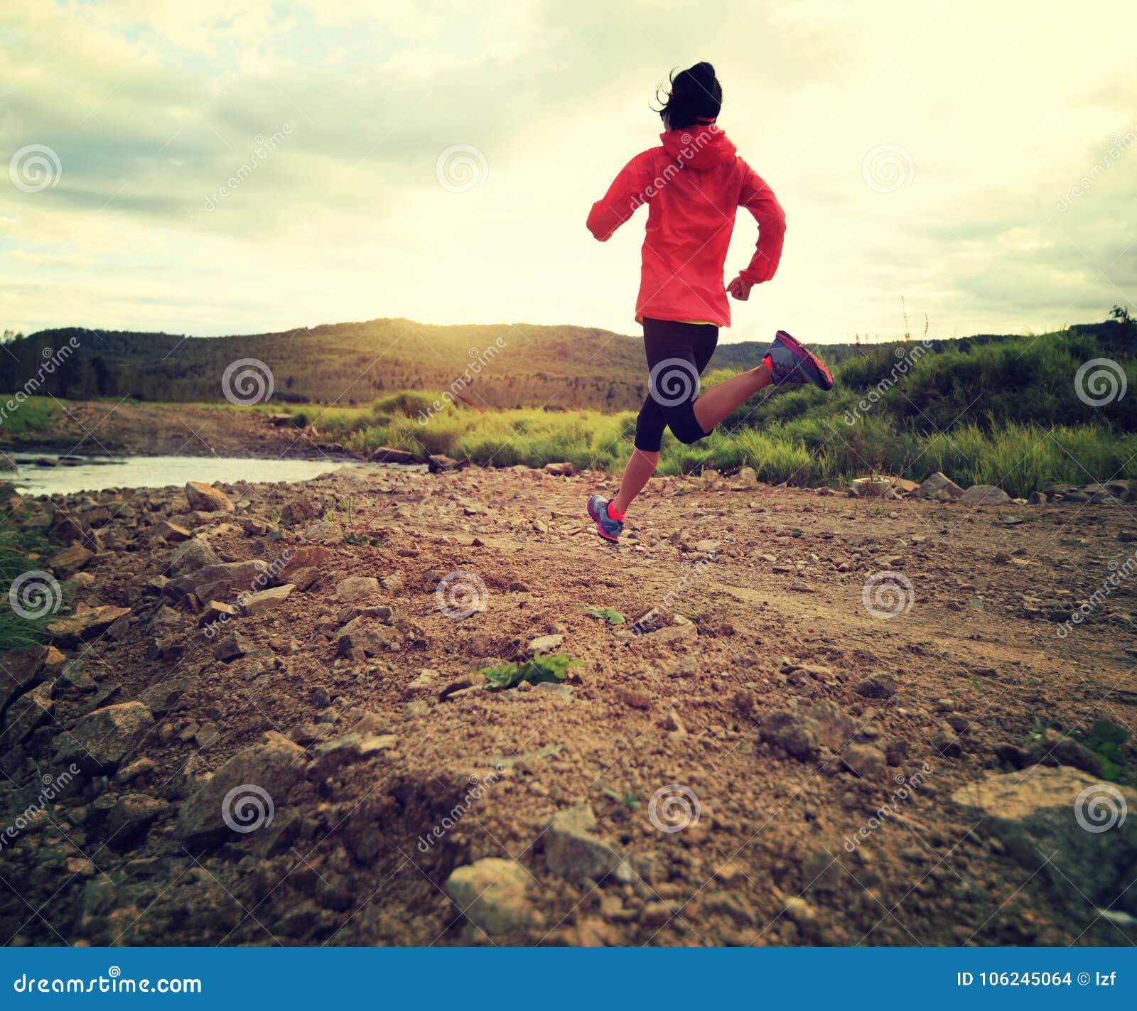 Female Trail Runner Running in the Forest Stock Photo - Image of asian ...