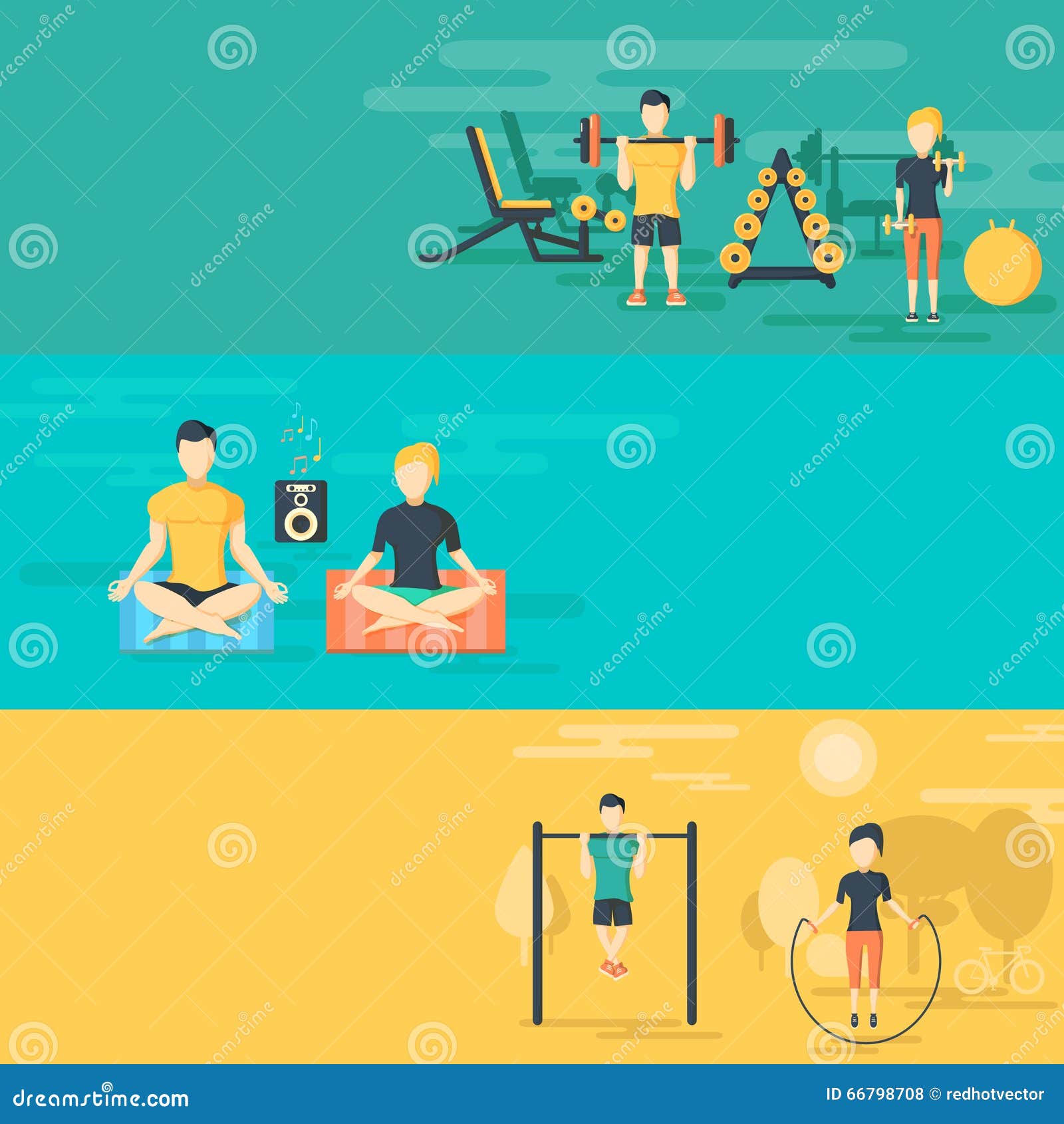 Fitness Flat Horizontal Banners Set Stock Vector - Illustration of bike ...