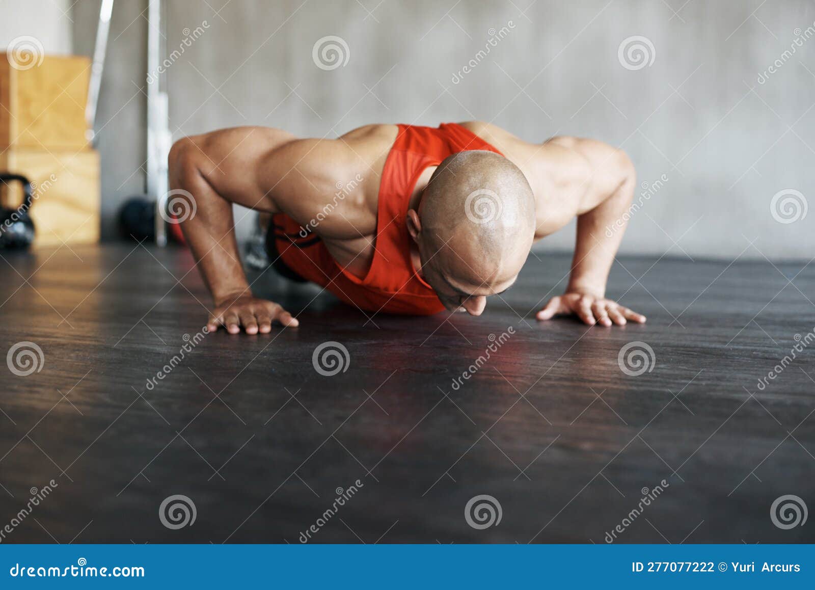 Fitness, Floor Exercise and Man Doing Push Up for Strength Workout, Gym ...
