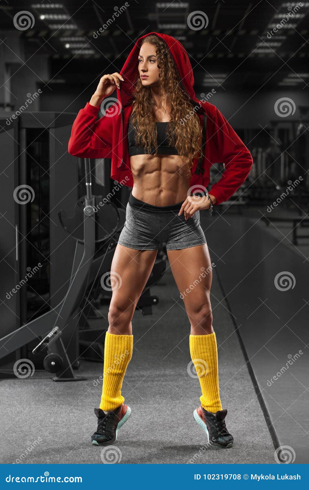 Fitness Girl In Gym Flat Belly Abs Beautiful Muscular Woman Shaped