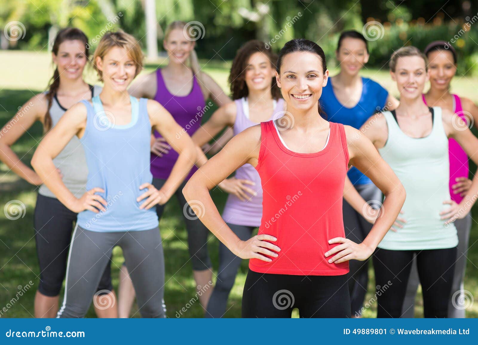 Fitness Group Smiling at Camera in Park Stock Image - Image of healthy ...