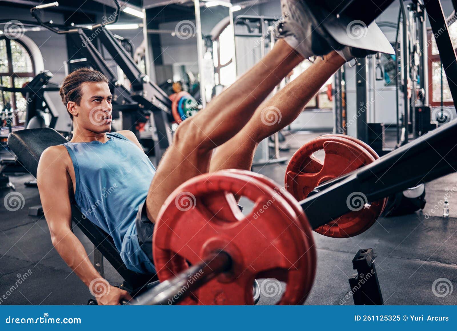 Fitness, Gym and Leg Press, Workout and Weight with Strong Man ...